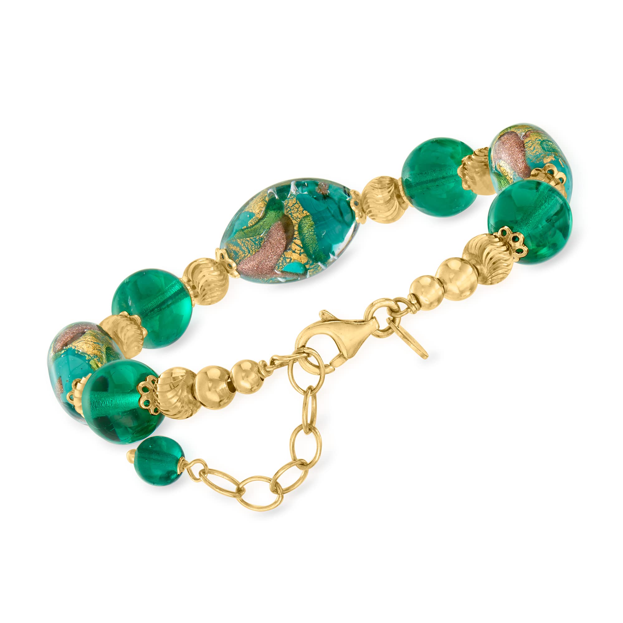 Ross-Simons Italian Green and Goldtone Murano Glass Bead Bracelet in 18kt Gold Over Sterling. 7 inches