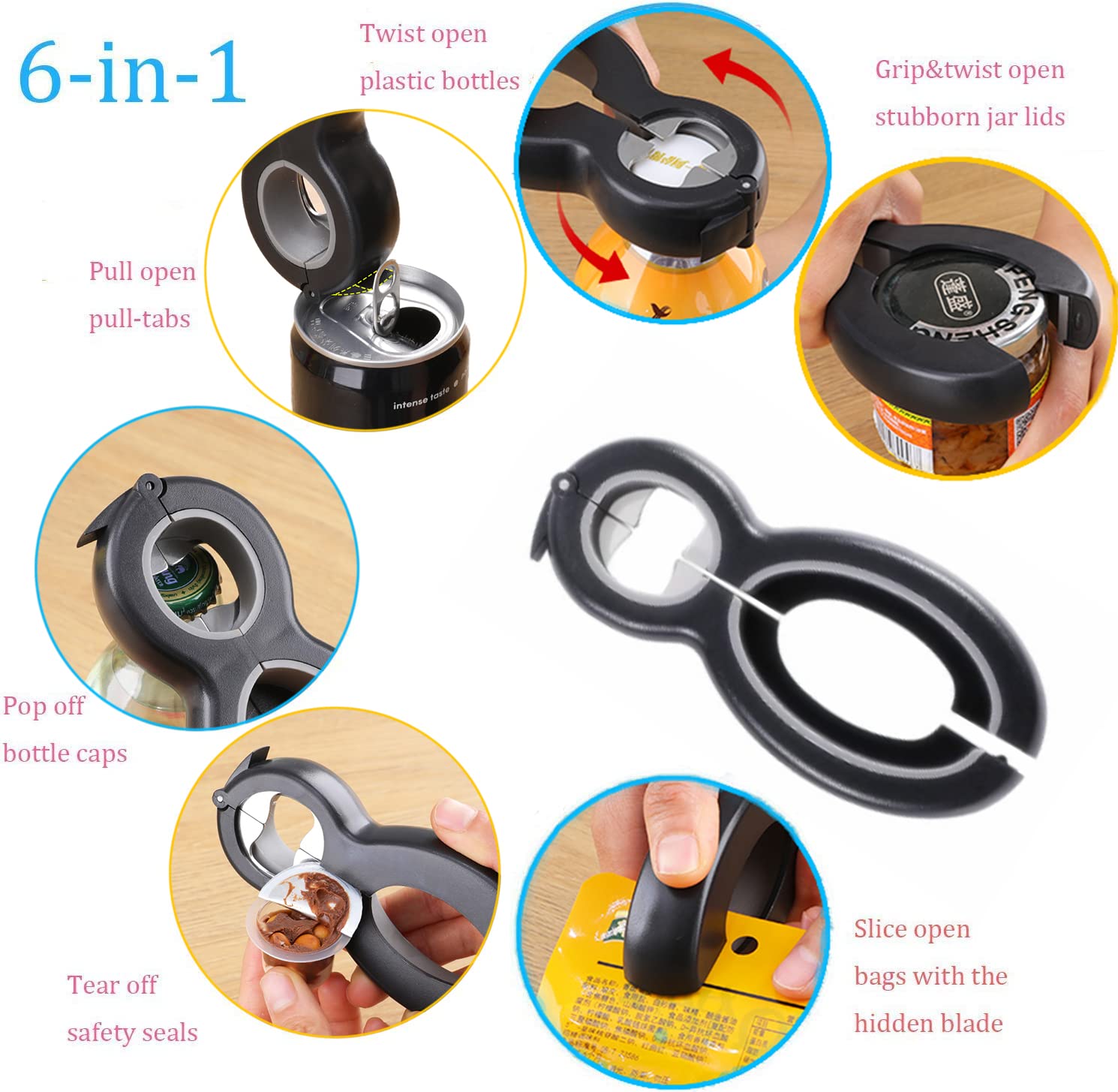 XCZBX 6 in 1 Multi Function Can Opener Bottle,Multi Kitchen Tool for Jelly Jars, Wine, Beer and other, Bottle Opener to Protect the Nail Use for Children, Elderly and Arthritis Sufferers.