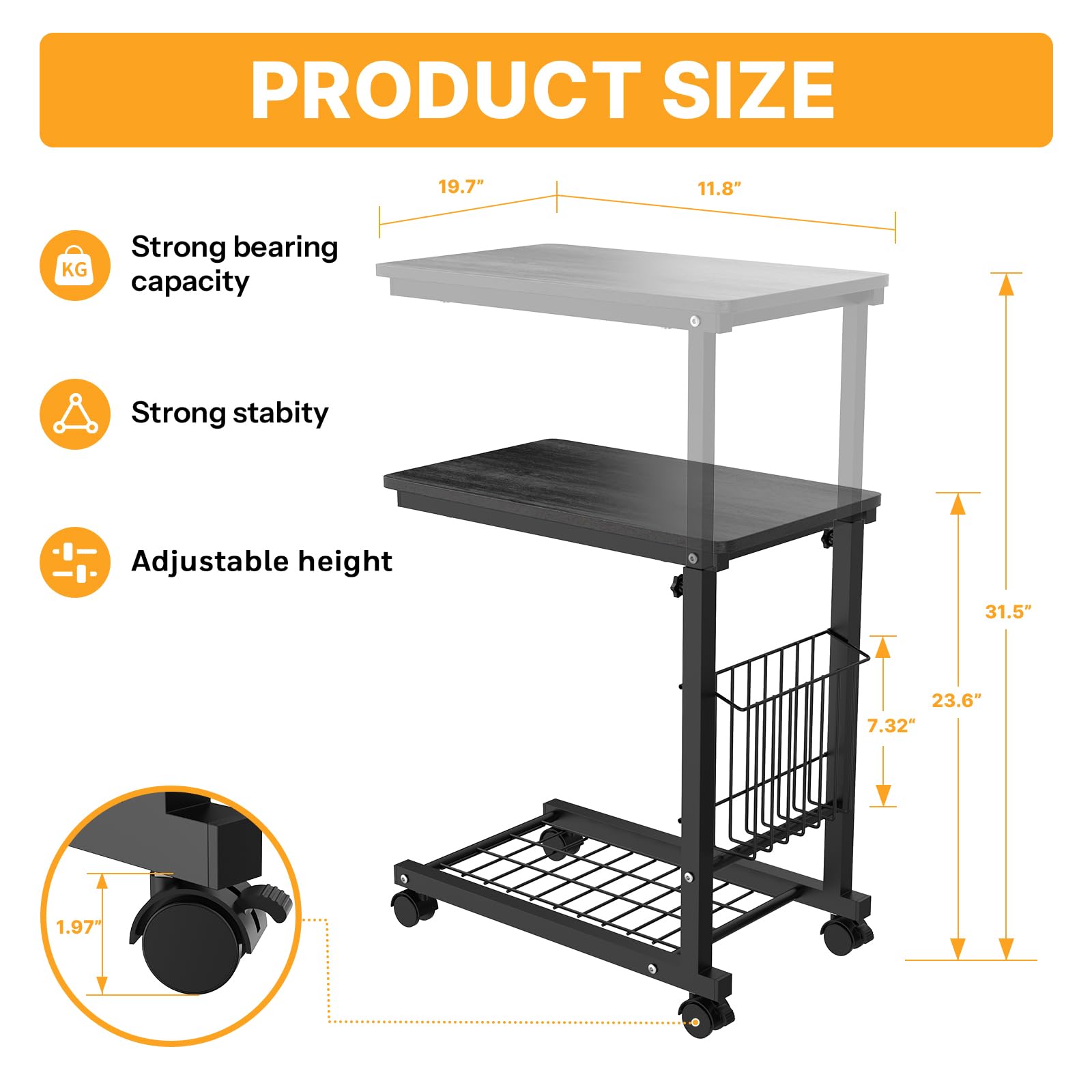 micoe C Shape Side Table Adjustable End Table with Side Basket and Bottom Mesh Storage Design Four Swivel Wheels with Brakes, Metal Frame MDF Wooden Board,