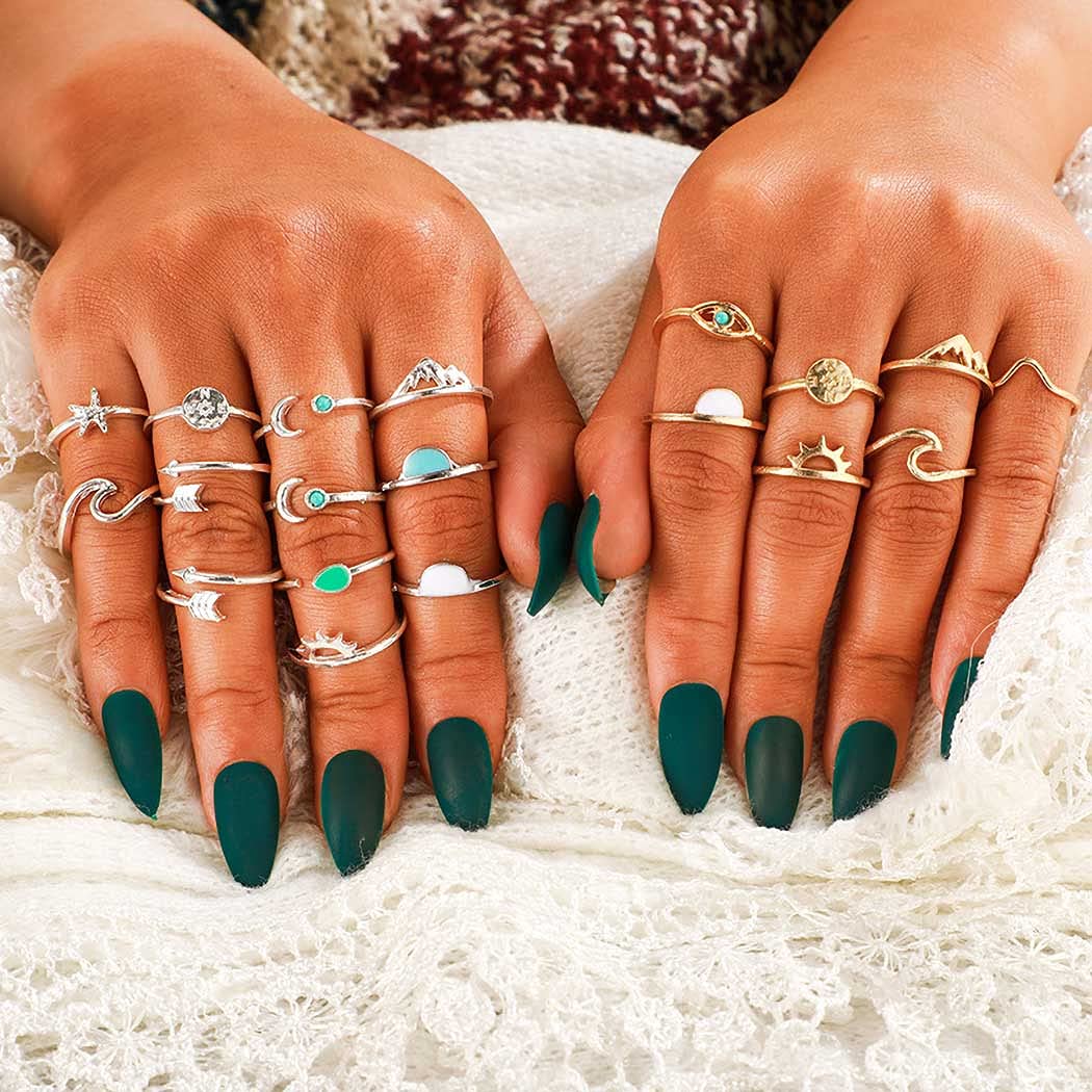 NEEBAOLY 45Pcs Boho Knuckle Rings Set Turquoise Gemstone Vintage Stackable Finger Rings Midi Ring for Women Hollow Carved Flowers Gold&Silver Ring Crystal Joint Rings (Ocean)