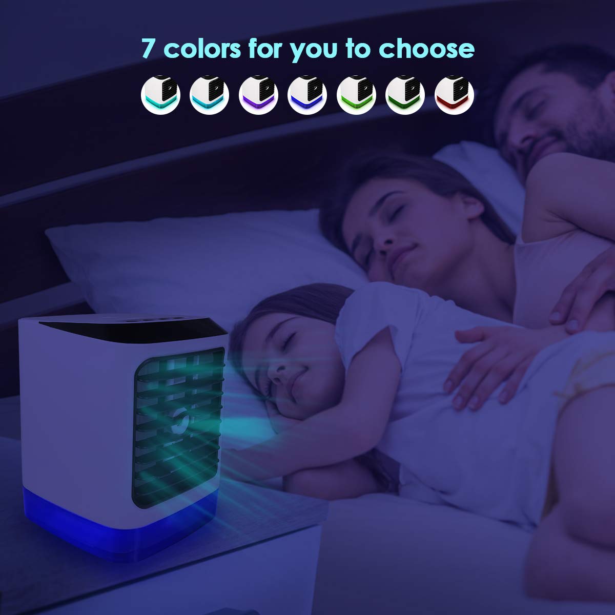 Sticque Portable Air Conditioner, Evaporative Personal Cooler Humidifier, 3 Speeds, 7 Colors LED Light, Freon Free Ice Fan with Handle, Misting Fast Cooling Desktop for Room, Office, Study