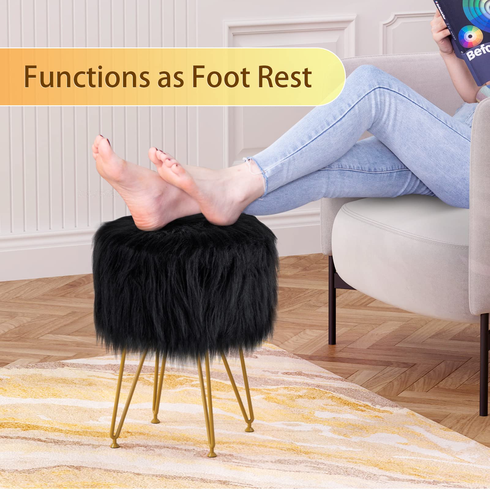 RunLexi Vanity Stool Chair with Storage, Faux Fur Makeup Room Seat Stool, Soft Padded Seat, Round Footrest Footstools with 4 Metal Legs & Adjustable Footings, Vanity, Bathroom, Bedroom Chairs Black