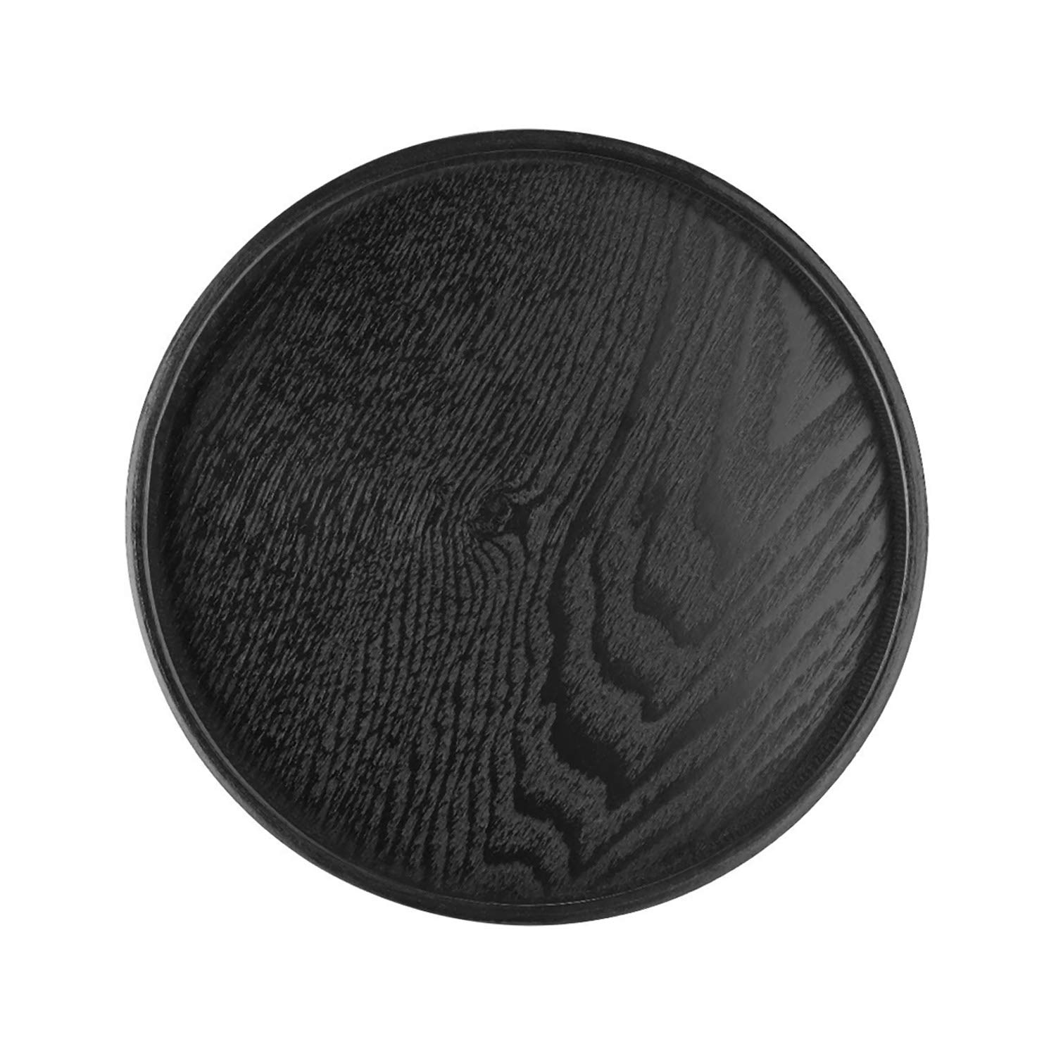 Round Wood Serving Tray, Solid Wooden Decorative Tray Non-Slip Tea Coffee Table Tray Snack Plate Food Meals Serving Tray with Raised Edges for Home Decor Kitchen Restaurant(11.8inch/30cm, Black)