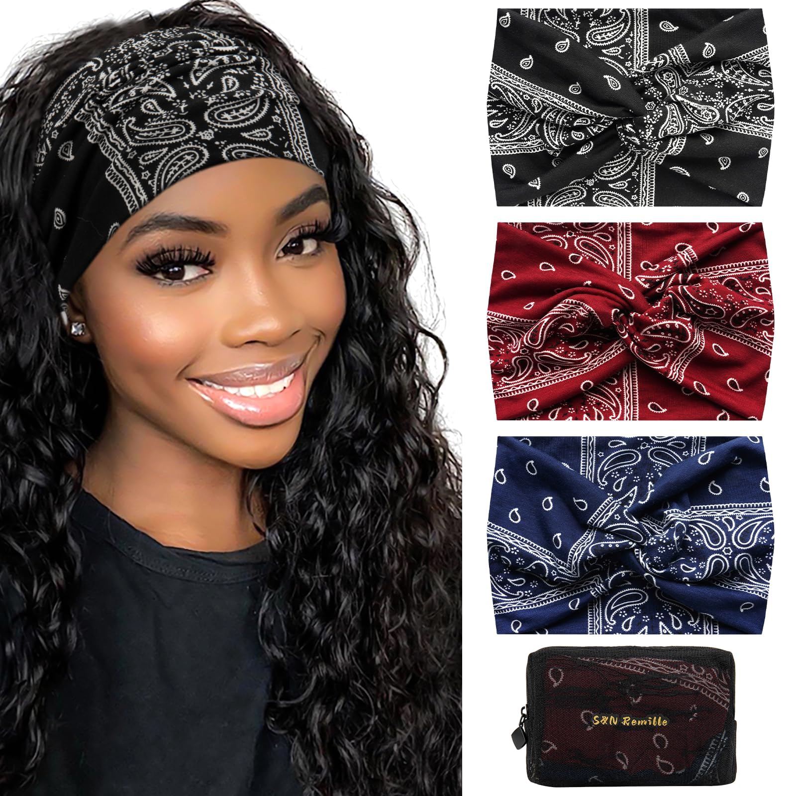 S&N Remille Wide Boho Headbands for Women Extra Large Turban Headband Hairband Hair Twisted Knot Accessories，3 Pack (Set-4)
