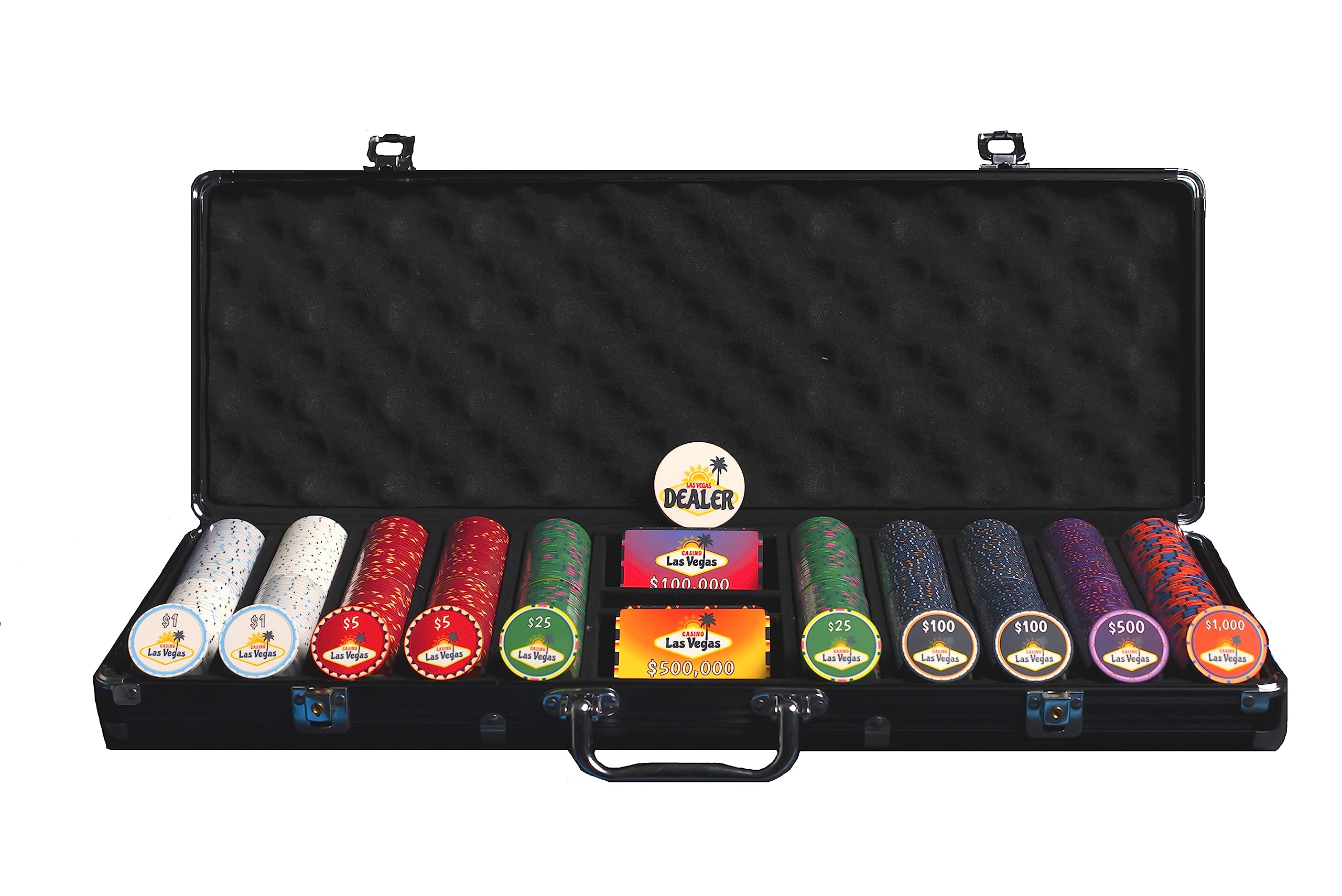 Vegas Chip Ceramic Poker Chip Set for Texas Hold'em - 500-Piece Poker Ceramic Kit, 10-Gram Poker Chips, Durable & Long-Lasting Numbered Casino Chips - Includes Black Aluminum Case