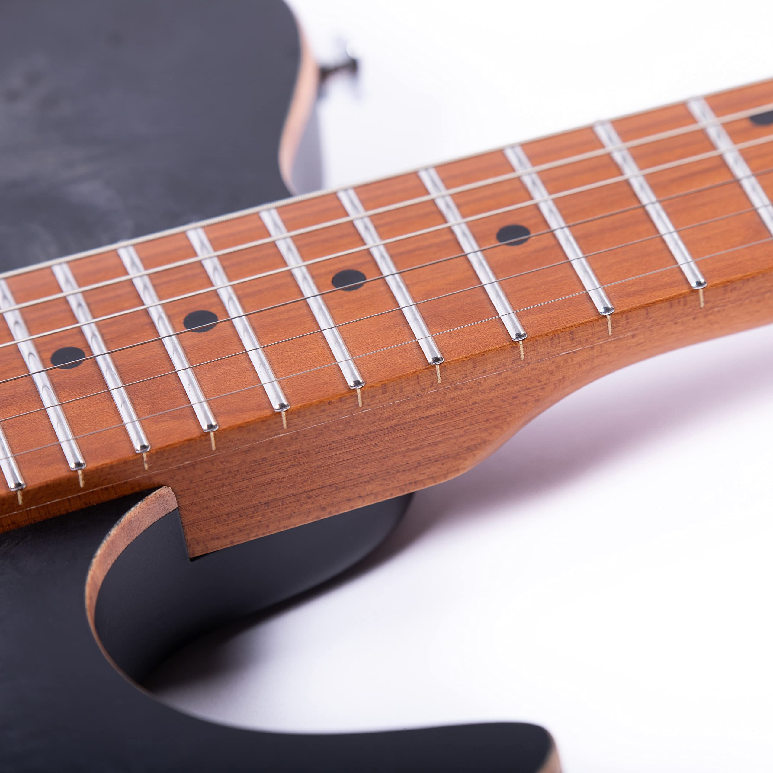 Volgoa VTL-2 Solid Body 6 String Electric Guitar, Roasted Maple Neck, Mahogany Body, Matte Burl Figure Veneer, and Coil Splitting Pickup (Black)