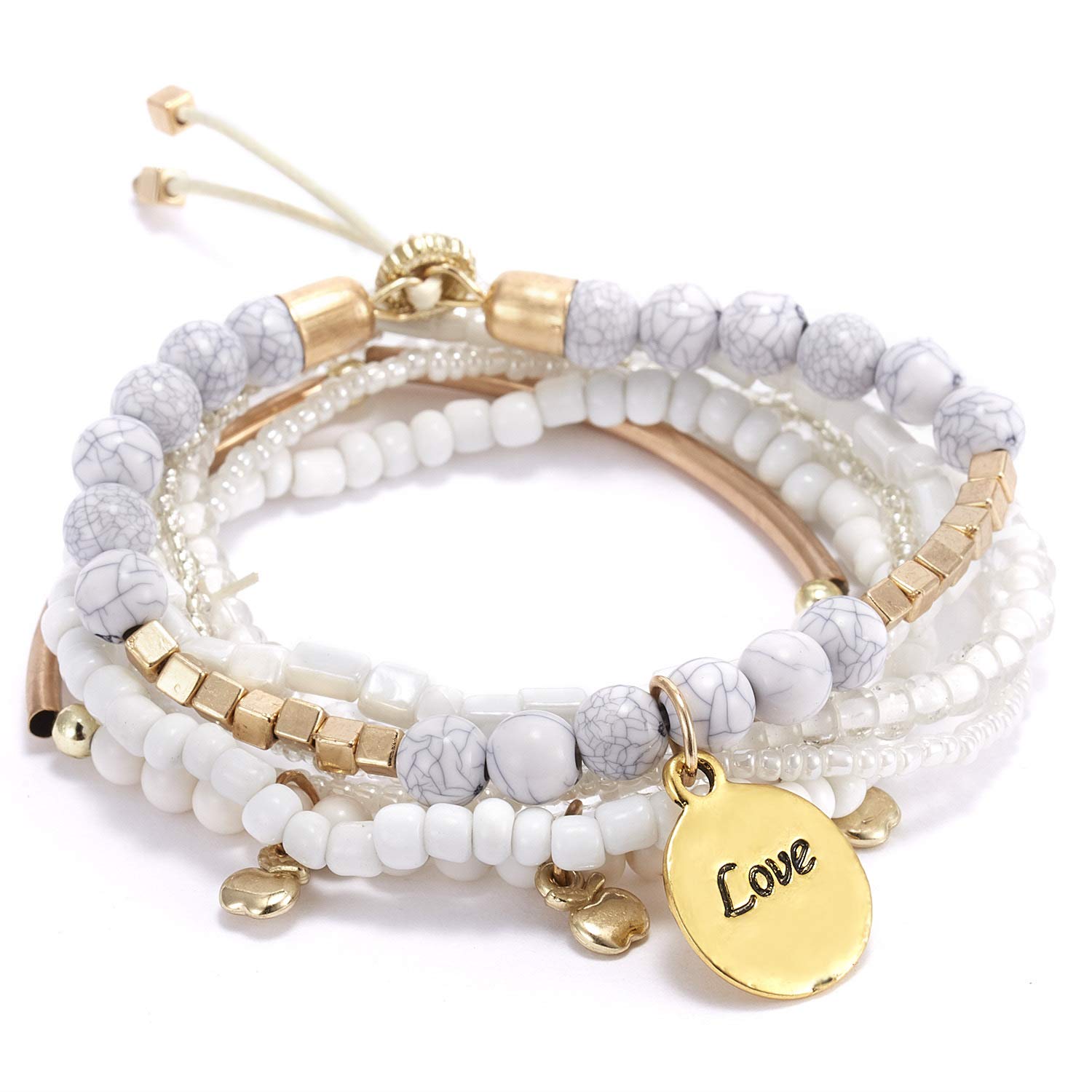 SOSUO Boho Stackable Bracelets for Women, 7pcs/Set Bead Charm Bohemian Stretch Bracelet for Girls Fashion Jewelry Gift White
