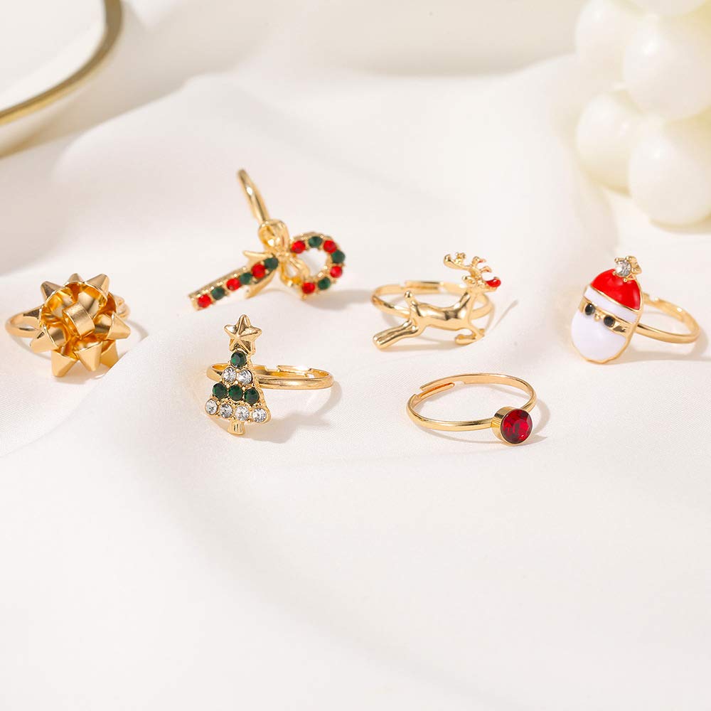 RUIZHEN 6 PCS Adjustable Christmas Ring for Women Christmas Tree Gift Bow Santa Claus Cane Deer Charm Ring Jewelry Set (6 PCS)