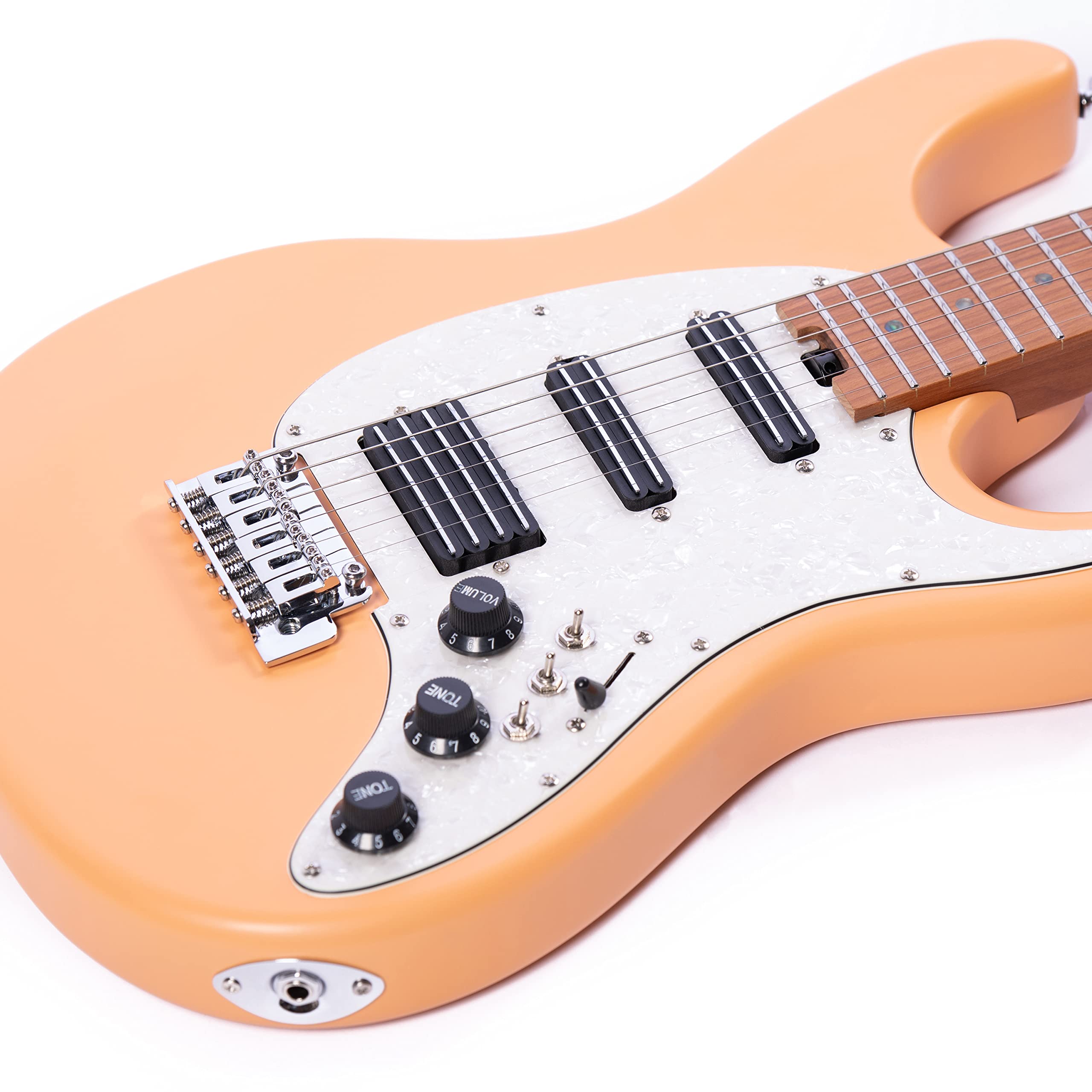 Volgoa VVS 6-String Solid Body Electric Guitar with Alder Body,Stainless Steel Frets,Featuring Tremolo System, with Plastic Pearl Pickguard and String Tree (Orange)