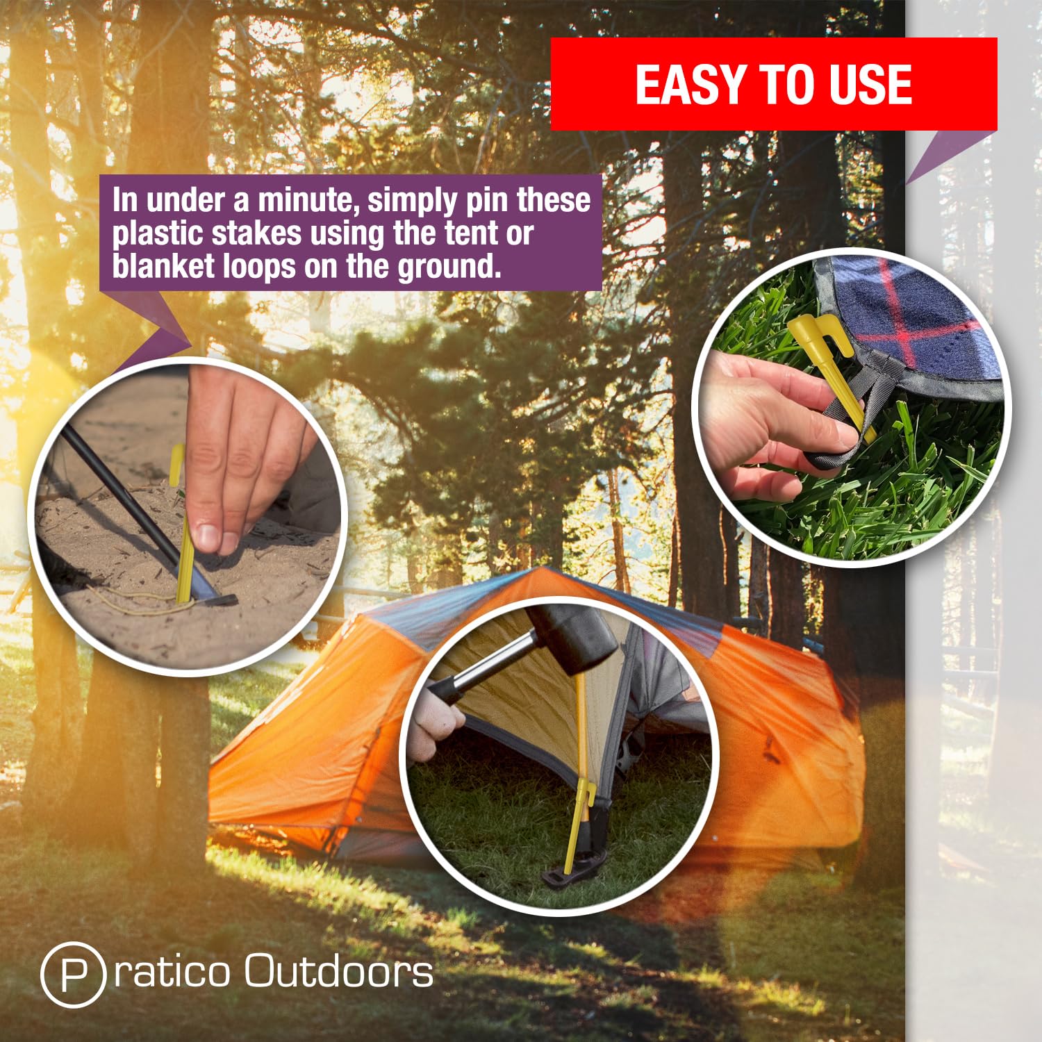 Pratico Outdoors Plastic Camping Stakes, for Tents and Blankets, 4 Pack