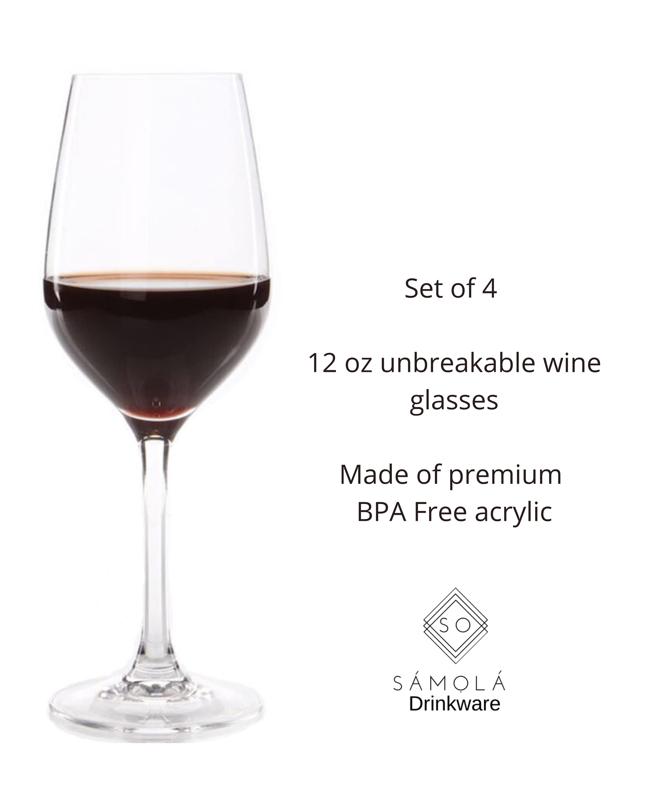 Samola Drinkware Unbreakable Shatterproof Wine glasses set of four indoor outdoor party picnic pool use acrylic BPA free | 12oz