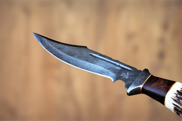 PSK132 - Damascus Steel Bowie Knife, Hunting knife, Viking knife, Stag Crown, Top Selling, Brown