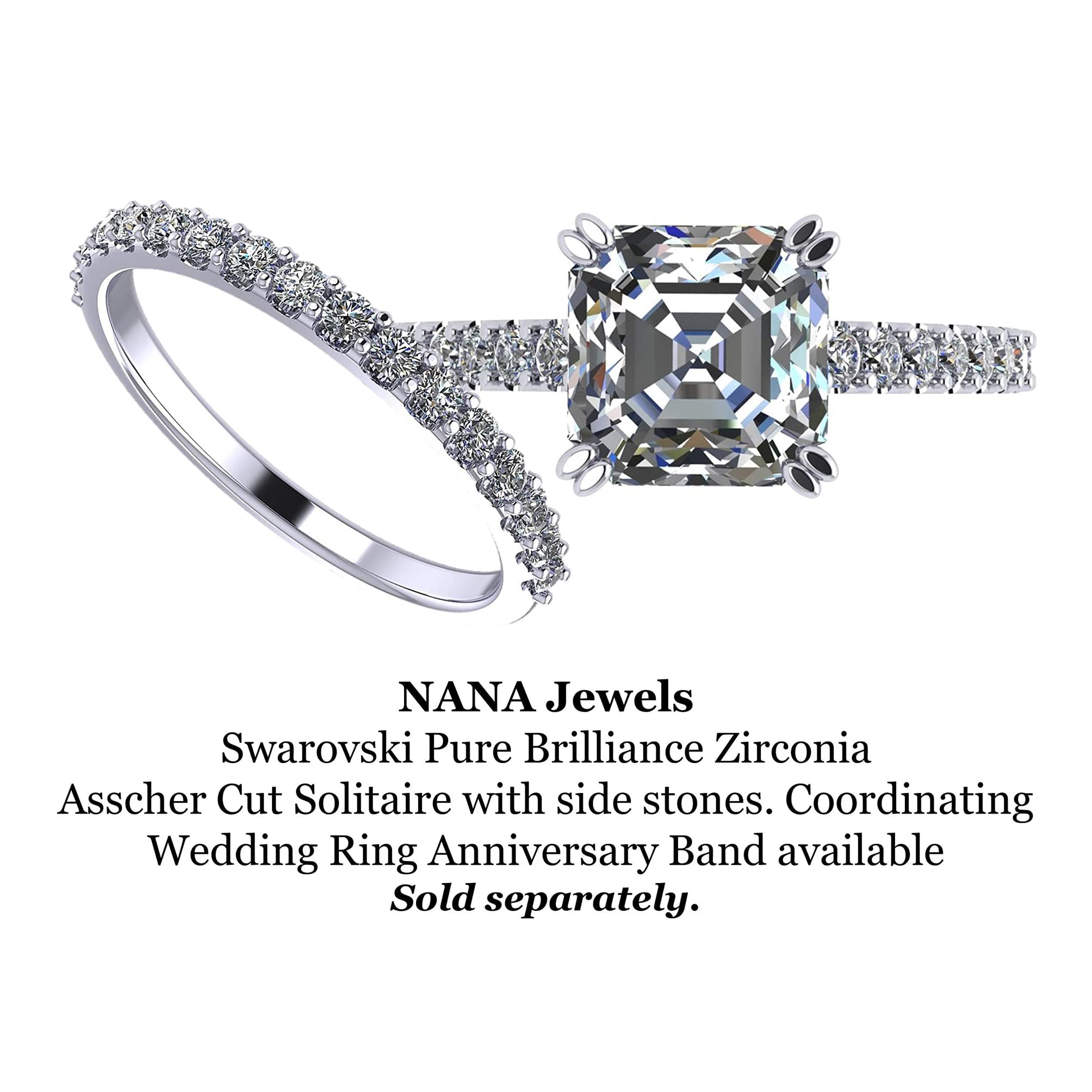 NANA Jewels Womens 2.00ct Asscher Cut Cathedral Solitaire Engagement Ring, Rhodium-Plated-Silver, Size 7