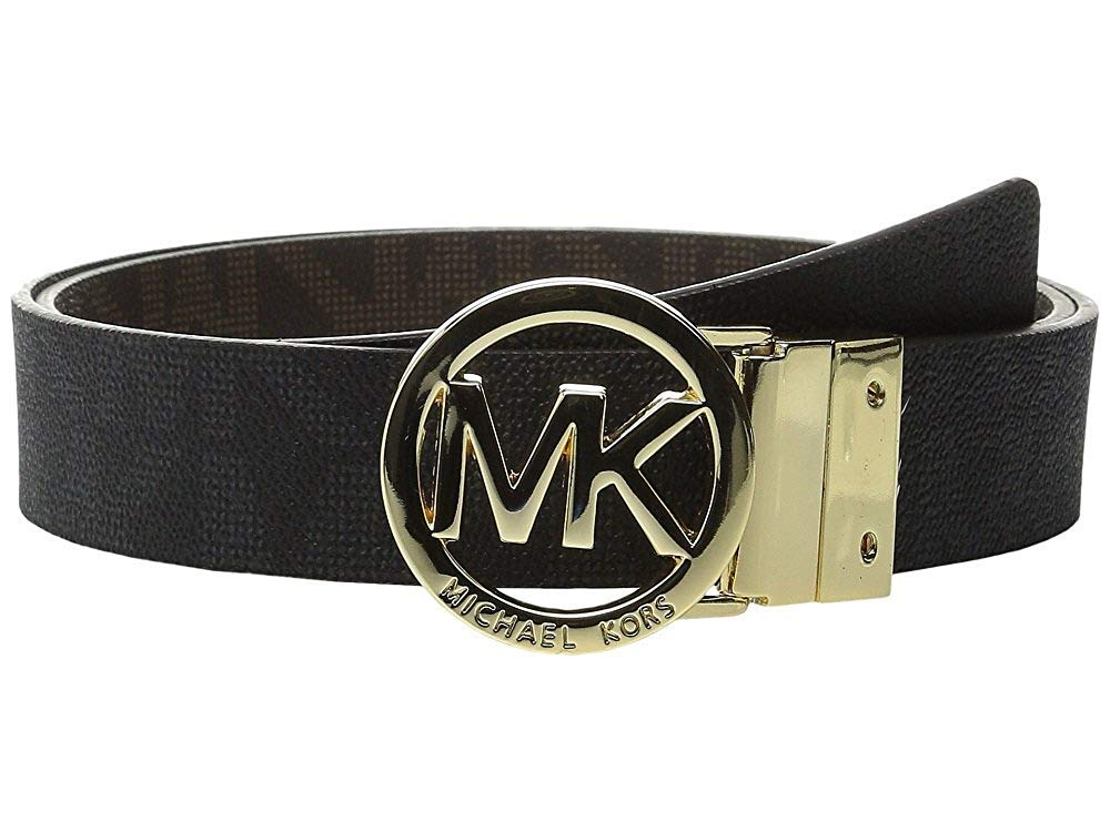 MICHAEL Michael Kors Reversible Belt with Gold-Tone MK Logo, Brown and Black, Large