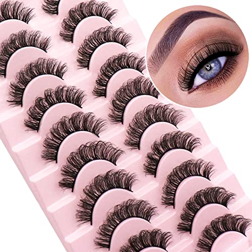 Russian Strip Lashes that look like extensions, D Curl Fluffy False Eyelashes, 10 Pairs Wispy Natural Fake Lashes Pack(D03)