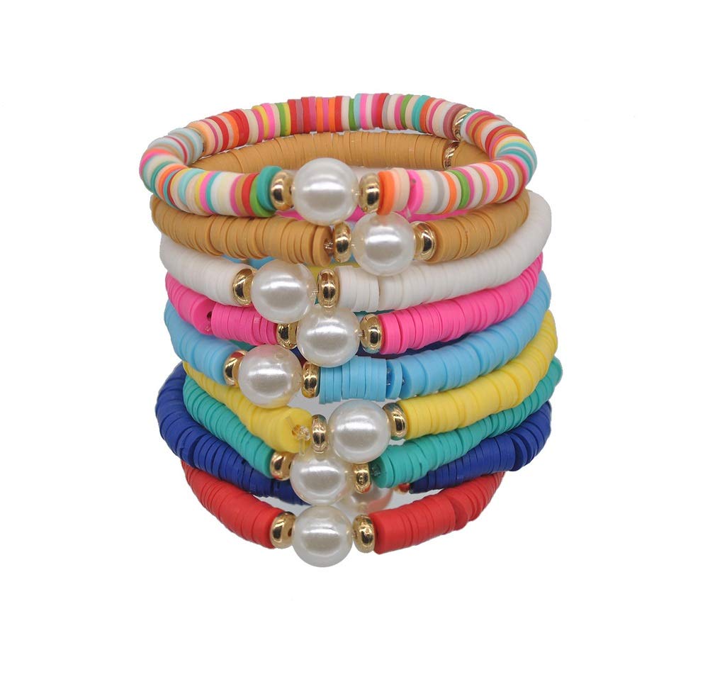 Pingyongchang 10 Pcs Friendship Bracelets Boho 6MM Beades Bracelet for Women Polymer Clay Rainbow Pearl Bracelet Elastic Rope Heishi Bracelet Set Summer Beach Jewelry