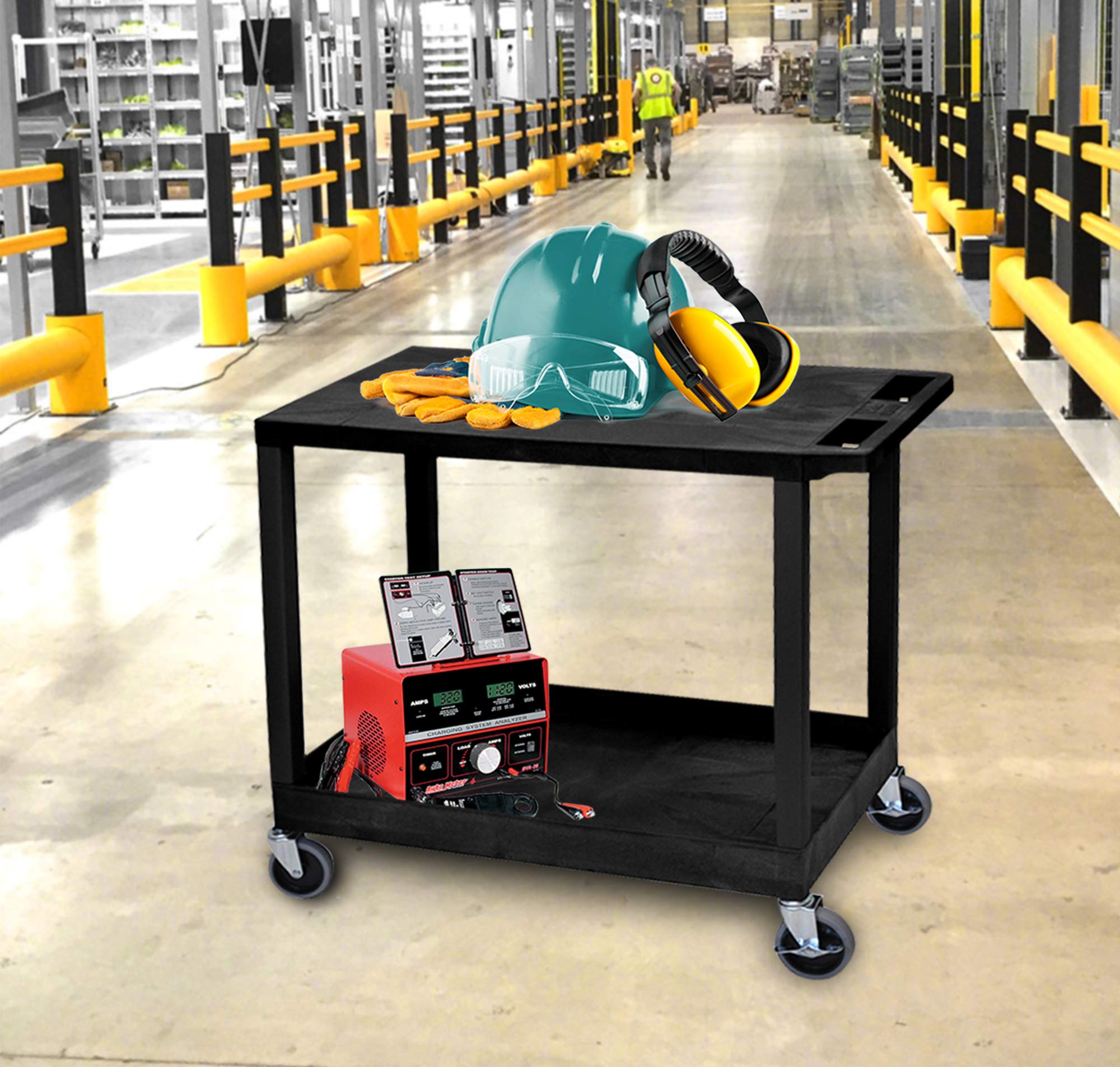 Offex 32" x 18" Mobile Heavy-Duty Multipurpose Utility Cart with One Tub and One Flat Shelf, Push Handle - Black, Great for Garage, Shop or Storage Area