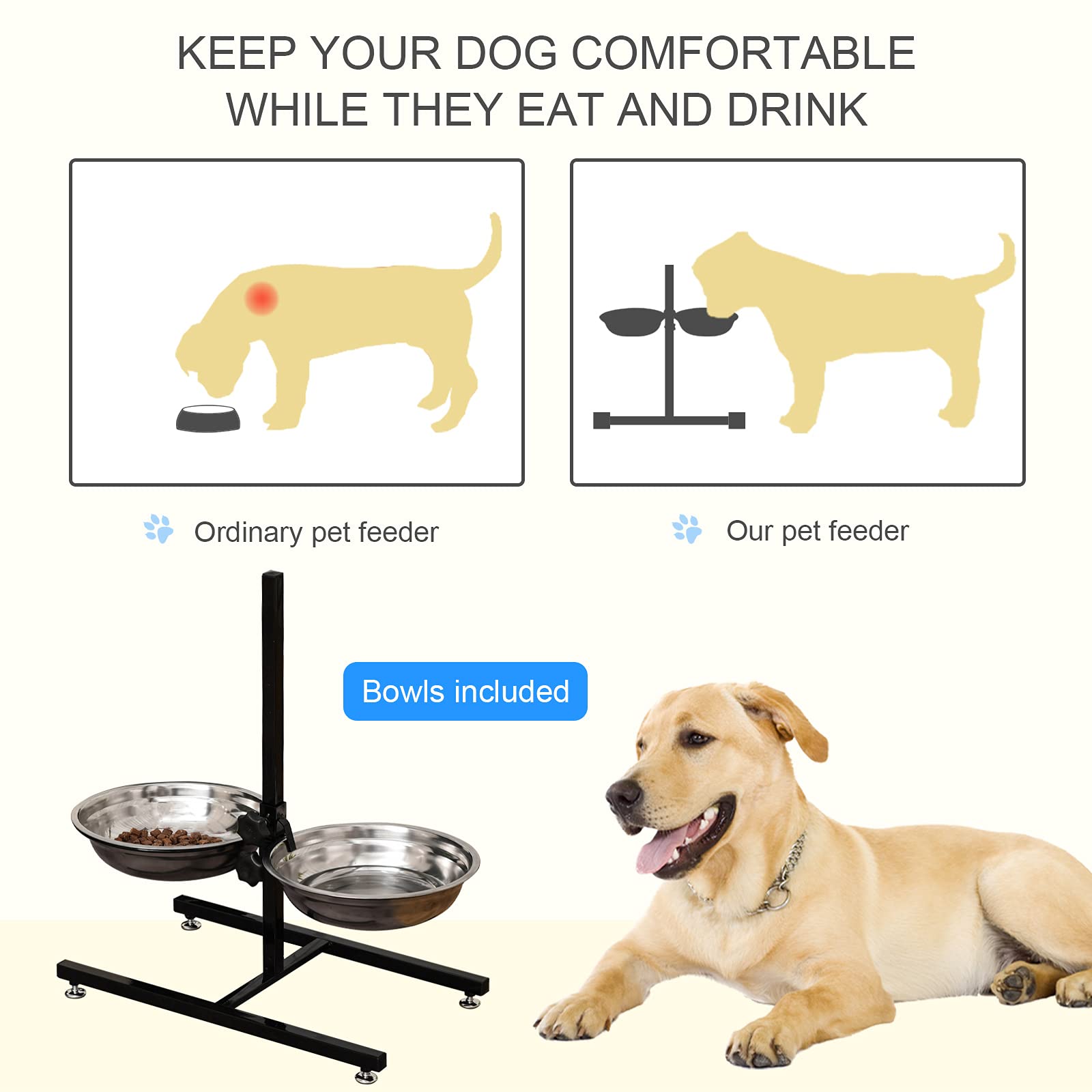 PawHut Adjustable Elevated Dog Bowls, Stainless Steel Dog Double Bowls with H-Base Raised Bowl Stand for Dogs Cats, 22.5"H