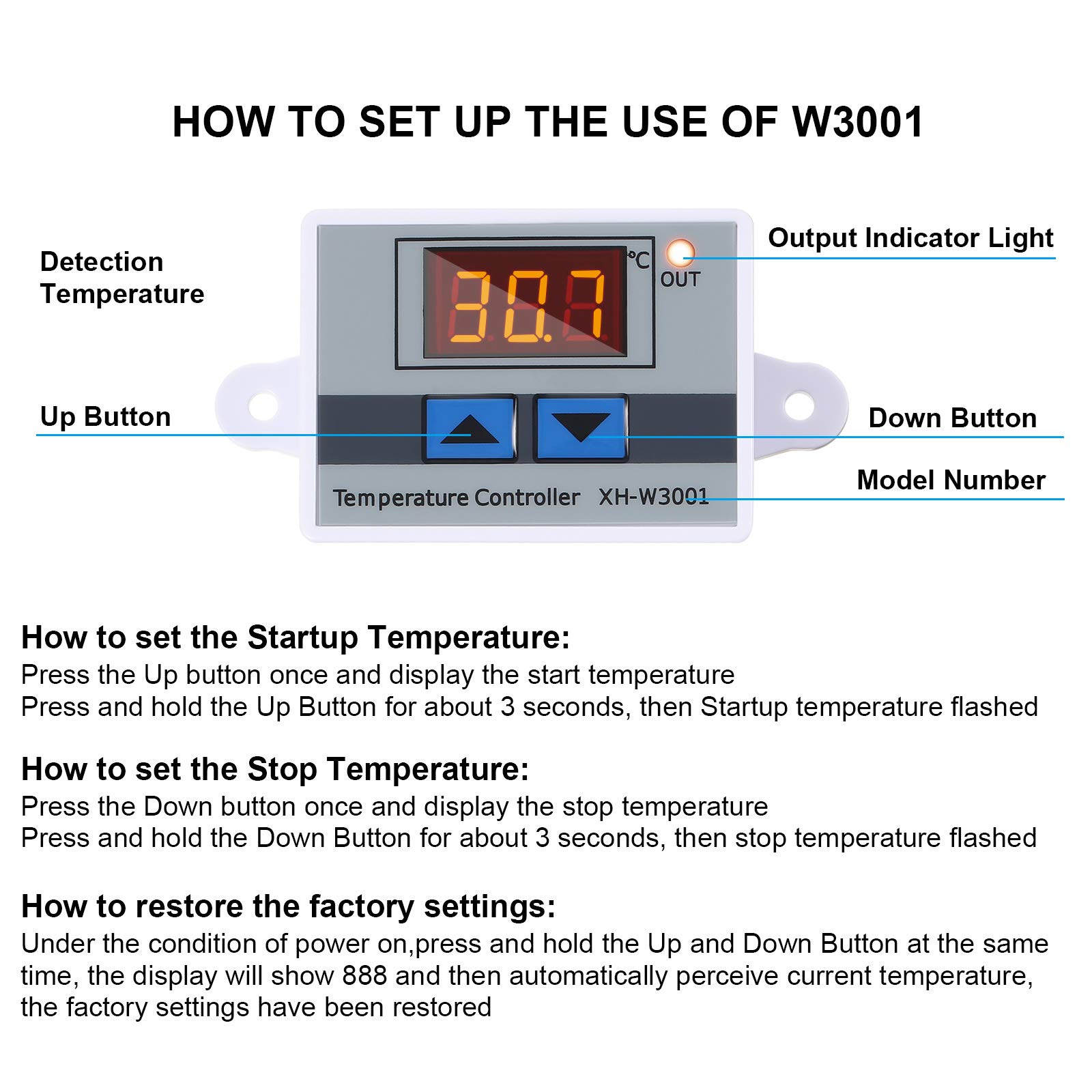 XH-W3001 Digital LED Temperature Controller Module Digital Thermostat Switch with Waterproof Probe Programmable Heating Cooling Electronic Thermostat Range from -50℃ to 110℃ (12V 10A 120W) (2 Pieces)