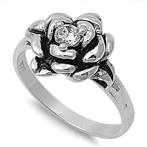 Precious Gem Jewellers Sterling Silver Rose Bud Ring with Cz Antique Finish