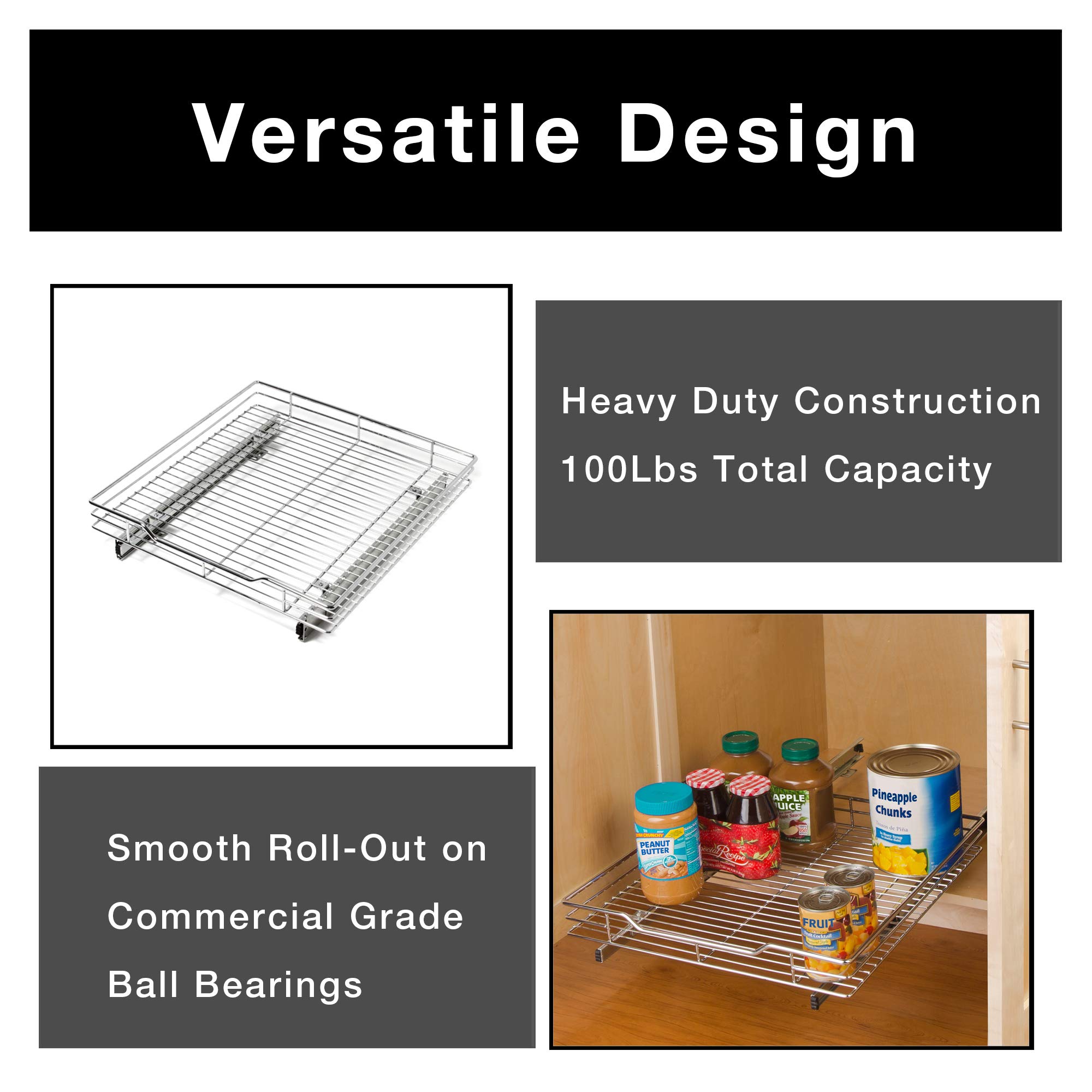 Smart Design Pull-Out Cabinet Organizer β Single Level Chrome, Extra Large β Steel Sliding Cabinet Organizer Holds Up To 100 lbs. for Optimal Home Organization and Storage