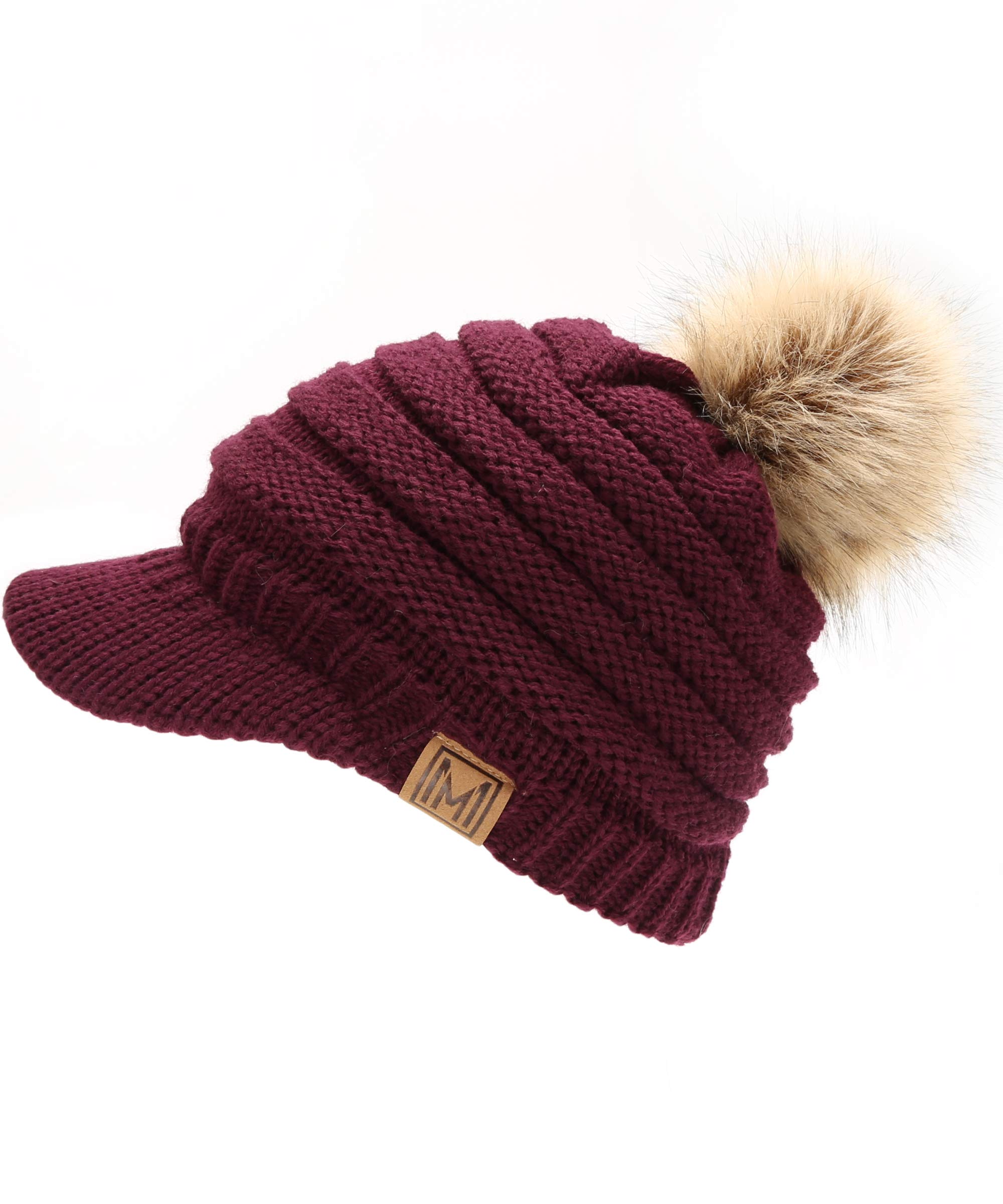 MIRMARU Women's Soft Warm Ribbed Knit Visor Brim Pom Pom Beanie Hat with Plush Lining (Plum)