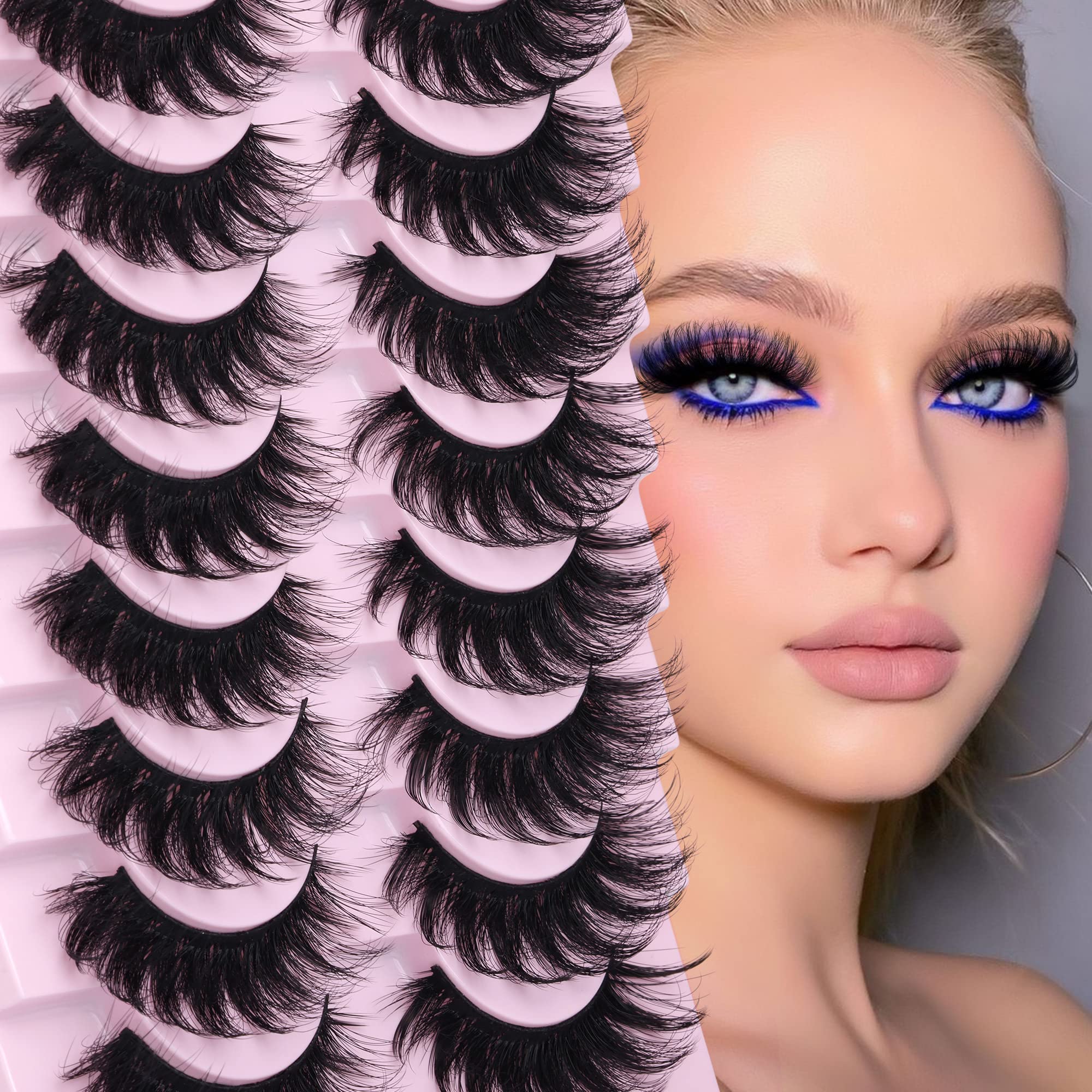 wiwoseo Eyelashes Dramatic Mink Fluffy Lashes Cat Eyes Faux Mink Lashes Natural Wispy Fluffy Lashes 19MM 3D Effect Fake Eyelashes Dramatic 10 Pairs
