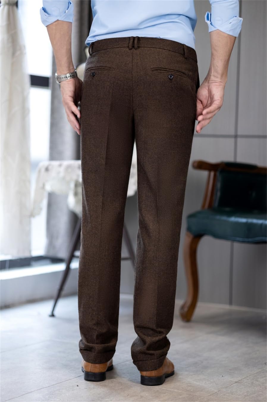 Mens Vintage Herringbone Tweed Mens Business Suit Pants Thick Retro Wool Slim Fit Trousers for Wedding Groomsmen(Brown,30)