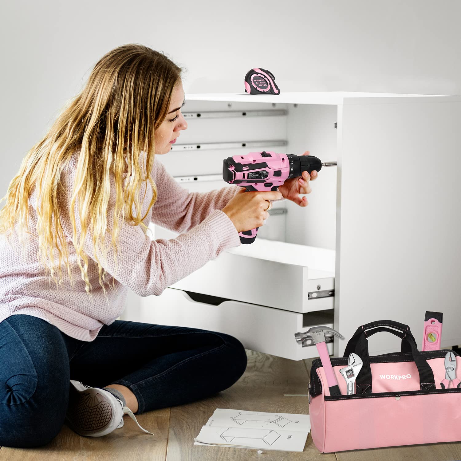 WORKPRO 12V Pink Cordless Drill Driver and Home Tool Kit, Hand Tool Set for DIY, Home Maintenance, 14-inch Storage Bag Included - Pink Ribbon