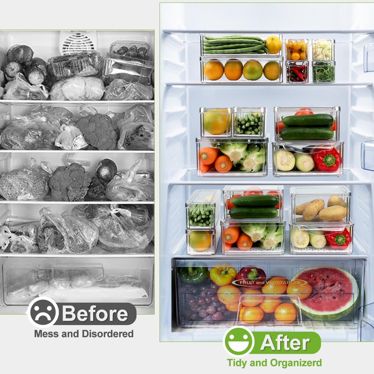RIKOJUXI Set Of 14 Fridge Organizer, BPA Free Stackable Refrigerator Organizer Bins with Lids, Fridge Organizers and Storage Clear Refrigerator Storage Containers for Fruits, Vegetable, Food, Drinks