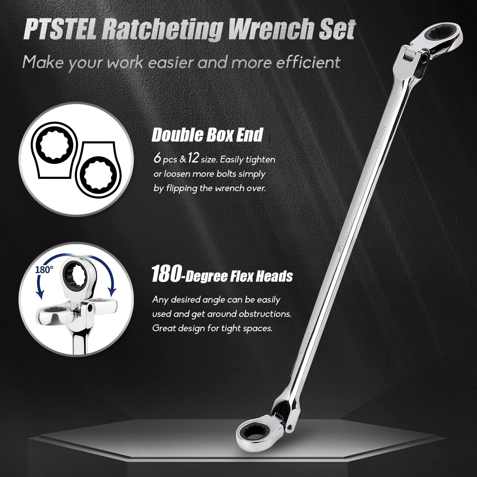 PTSTEL Ratcheting Wrench Set, Extra Long Double Box End Wrench Set,Flex-Head Metric Spanner Set, 6 Piece 72-Tooth Ratcheting Wrench Kit, 8-19mm (6, 8-19mm)