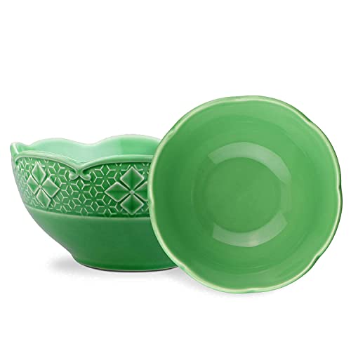 STAR MOON Set of 2 Large Ceramic Soup Bowls - Elegant and Durable 19 Oz Emerald Green Bowls for Serving, Cereal, Soup, and More - Microwave and Dishwasher Safe - Four-Leaf Clover Collection