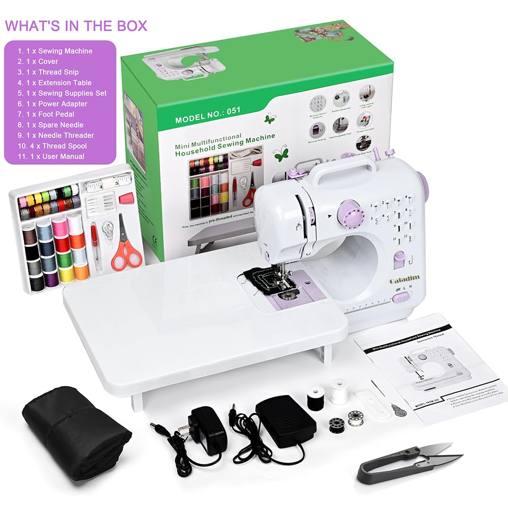 Mini Sewing Machine for Beginners (Includes Cover with Storage Pockets, Extension Table And Sewing supplies set) by Galadim GD-051-A5