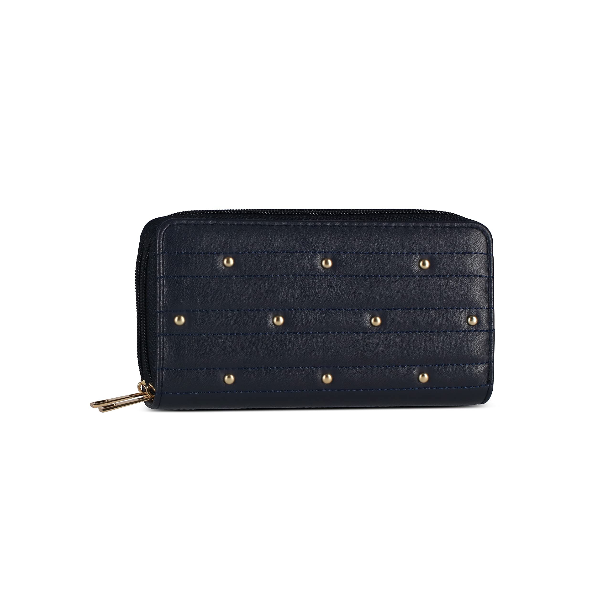 Stud Wallet for Women - Double Zip Around Ladies Clutch Purse Organizer with Card Slots and Coin Purse (Navy Blue)