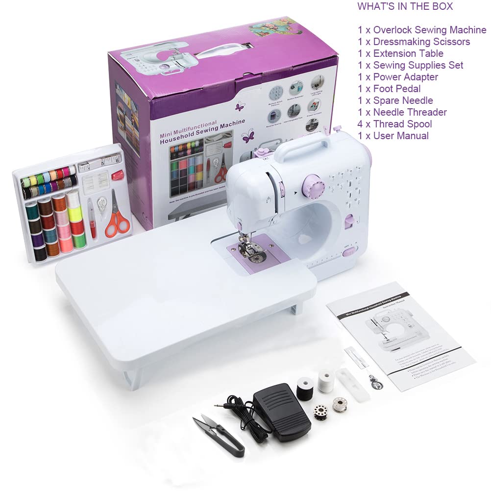 Mini Sewing Machine by Phildim (Including Extension Table and Sewing Supplies Set) - Small Electric Overlock Sewing Machines with 2 Speed 12 Built-in Stitch Patterns PD-005-A9