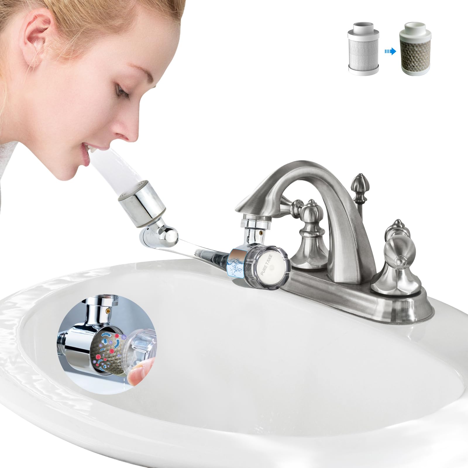 Pure Take Water Filter for Bathroom Sink 1080 Rotating Swivel Faucet Extender Water Purifier for Sink Remove Chlorine, Taste,Odor More Than 99% Relieve Dry, Rough&Itchy Senstive Skin
