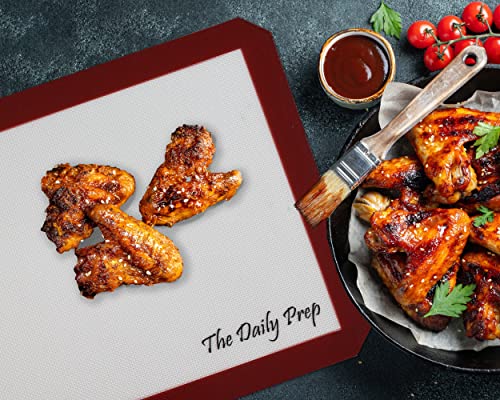 THE DAILY PREP Red Silicone Baking Mats, Nonstick Baking Sheets for Bake Pans & Rolling, Thick .75mm, Food Grade Oven Mat, Microwavable Silicone Sheet, Freezable- 11 5/8 in x 16.5 in (Pack Of 2)