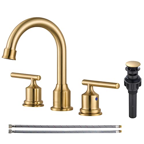 WOWOW Gold Bathroom Faucet 3 Hole Bathroom Sink Faucet Widespread Vanity Faucet 2 Handle Brass Basin Faucet with Pop Up Drain 8 Inch Mixer Tap Antique