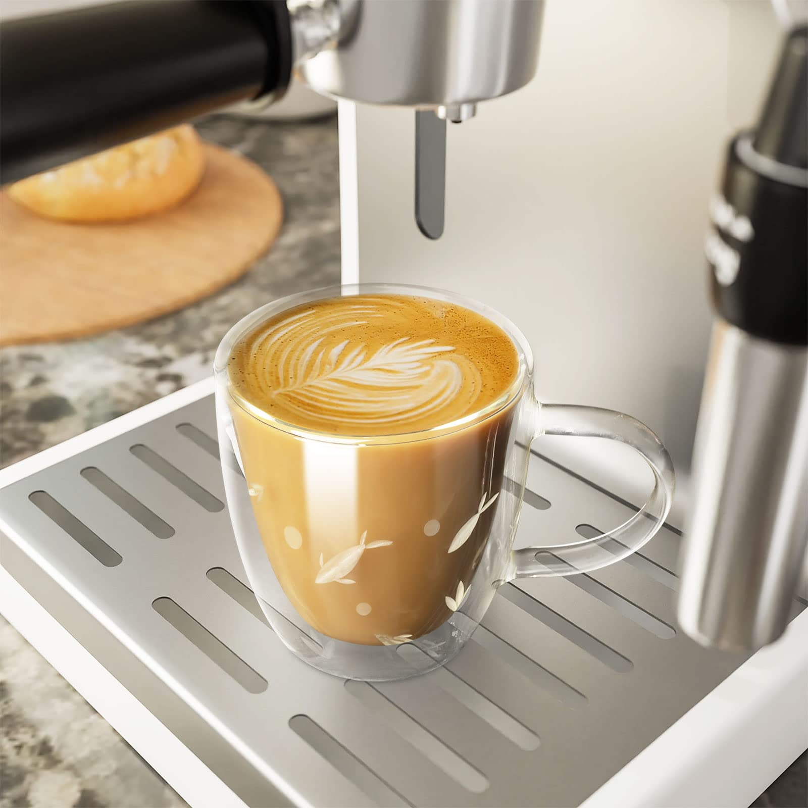 SHOSHIN Hand Cut Espresso Cups - Double Wall Glass Coffee Mugs with Handle(Set of 2, 5.5 Ounces Coffee Mug, Insulated Layer Glass Coffee Cups, Coffee Mug for Cappuccino(Swimming fish)