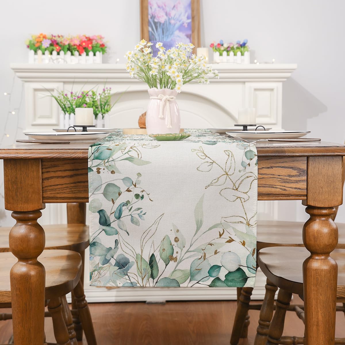Siilues Spring Table Runner, Spring Decorations Off White Eucalyptus Leaves Green Table Runner Seasonal Spring Summer Burlap Table Runner Holiday Decor for Dining Table Decoration (13" x 48")
