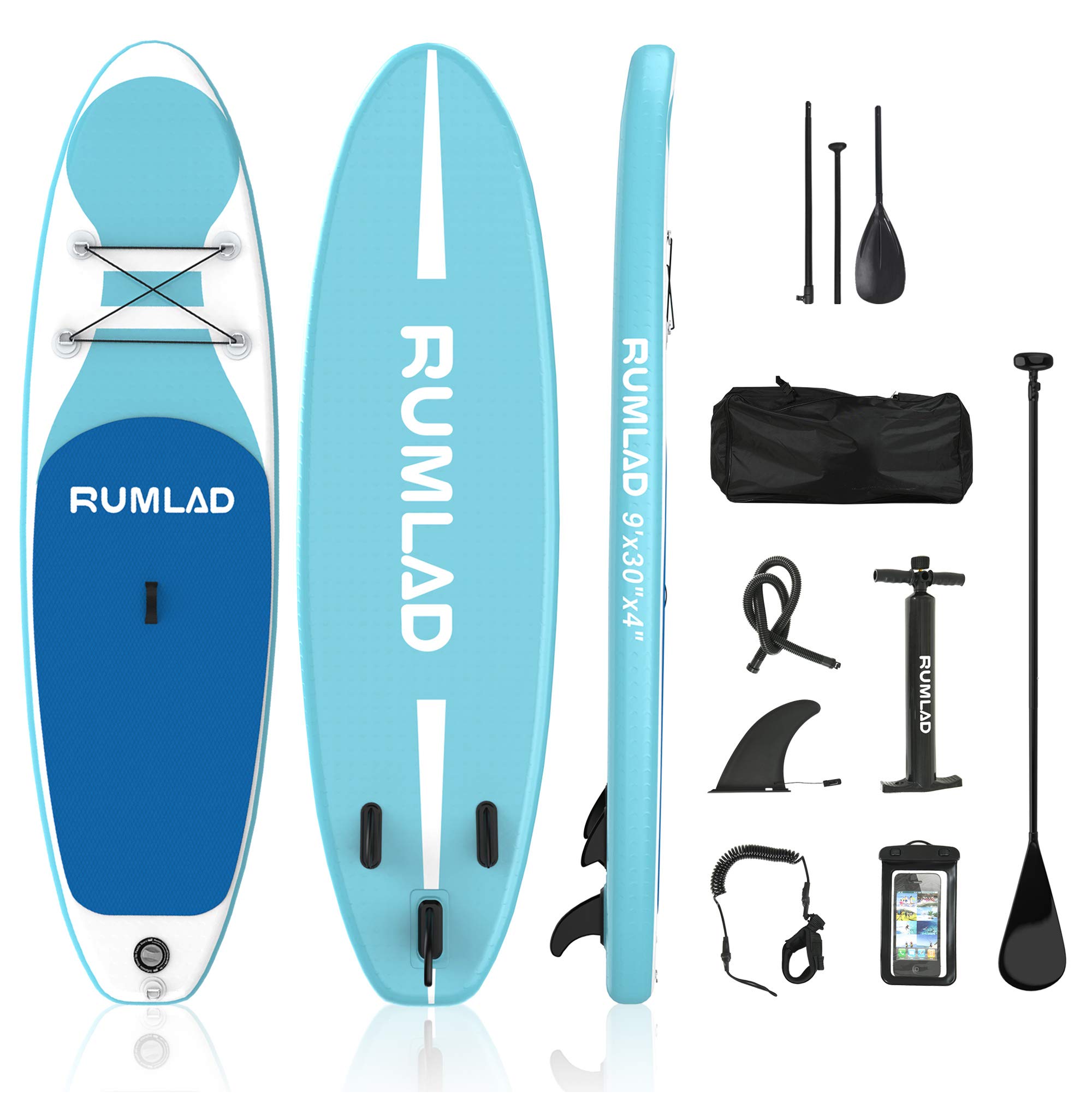 Rumlad Inflatable Stand Up Paddle Board 4 Inches Thick with One-Way Sup Dedicated Pump&Backpack,Adjustable Special Pulp,Simple Foot Rope,Waterproof Cell Phone Bag,Youth & Adult,630c Blue