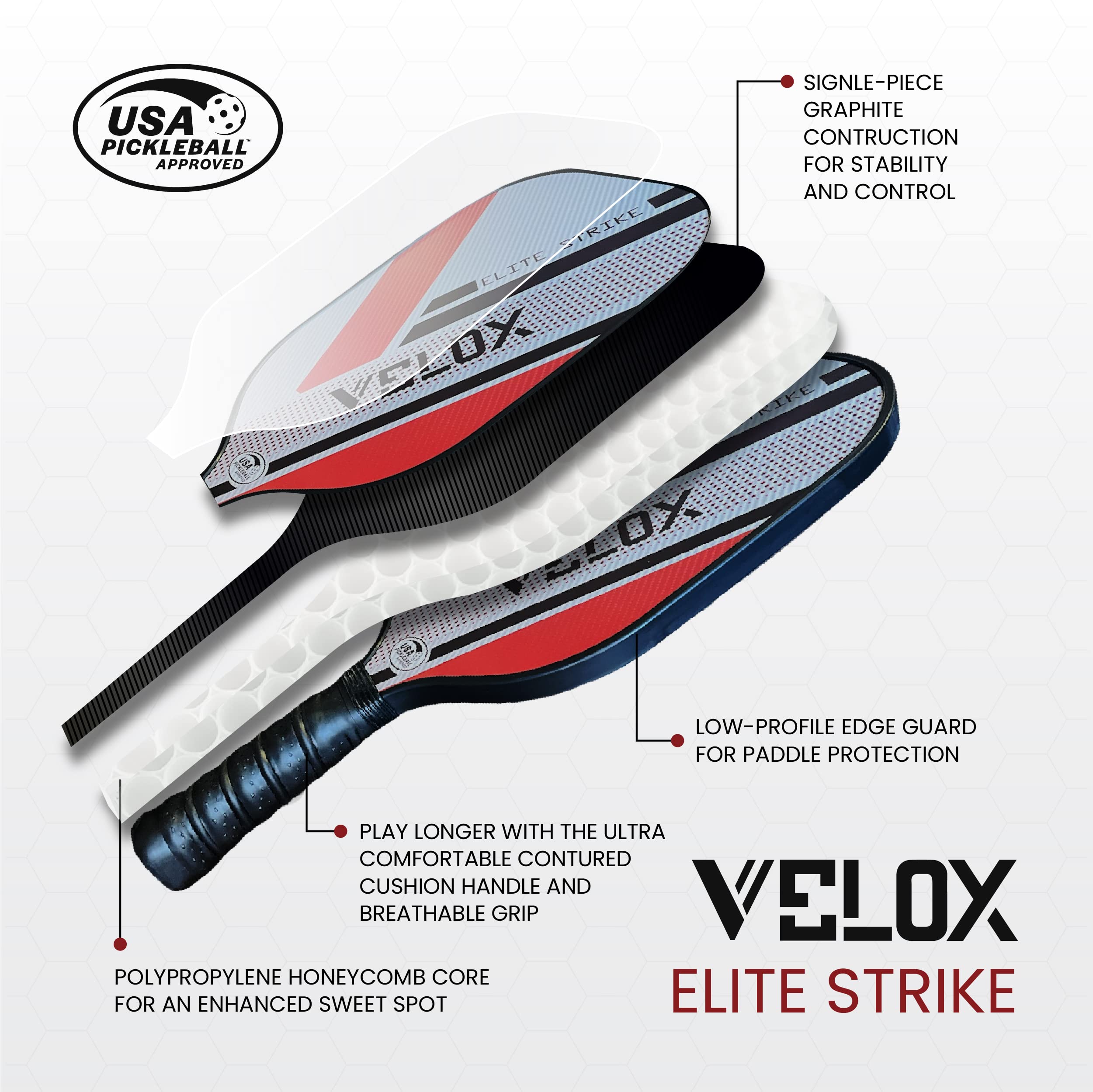 VELOX | Elite Strike Pickleball Paddle Set | 3 Balls and 2 Paddles USA Pickleball Approved | Graphite and Fiberglass Construction