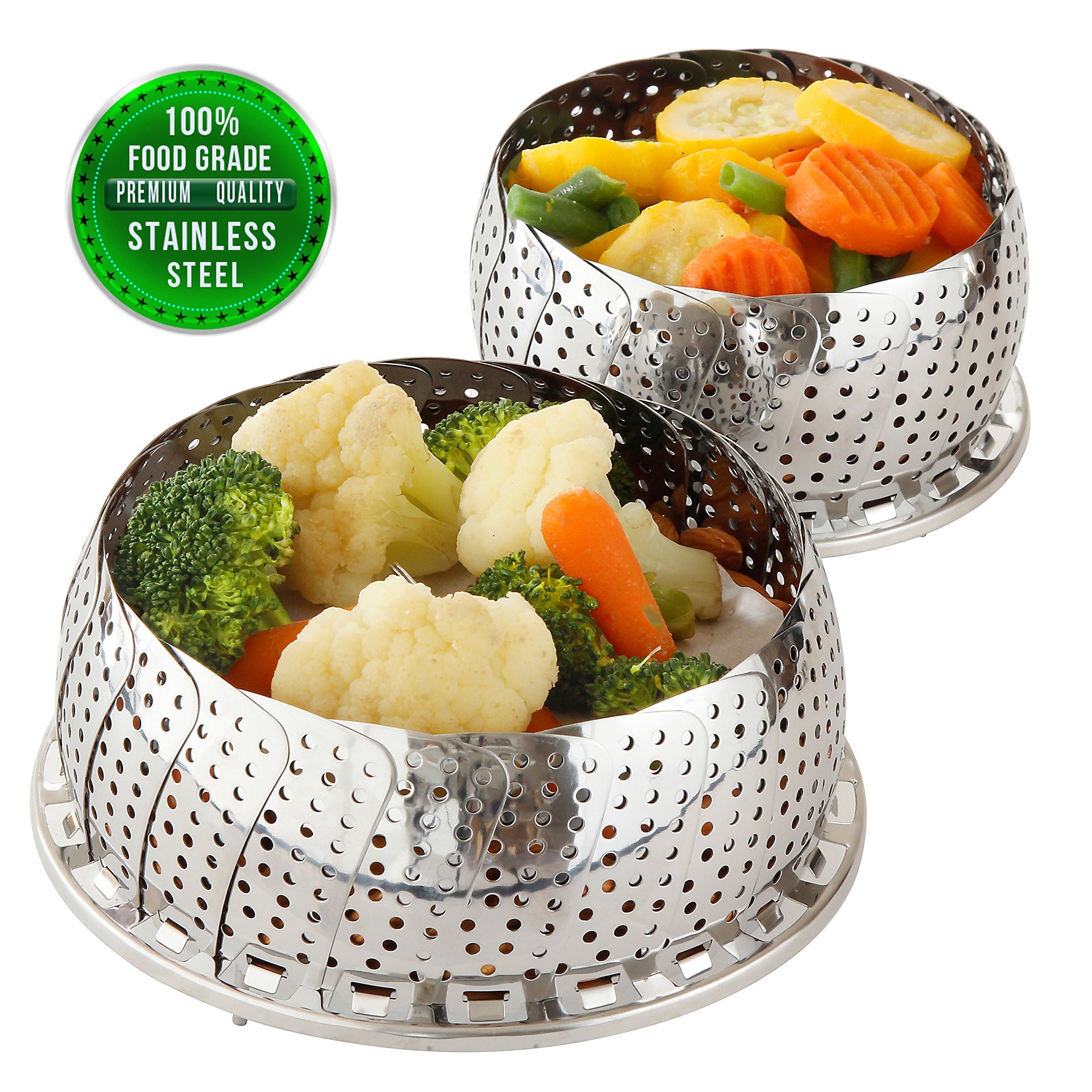 Two-Pack Vegetable Steamer Baskets (Two Sizes) Folding Expandable Steamer Inserts for Instant Pot Accessories, Safety Tool, Stainless Steel, Pressure Cooker, Pot in Pot, Food Steamer Cooking