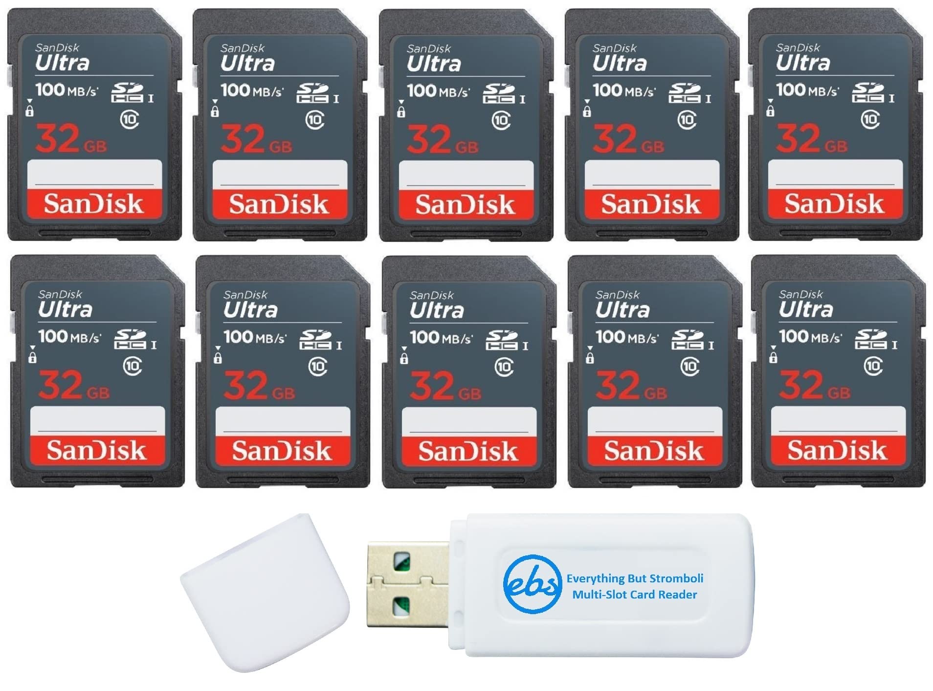 SanDisk 32GB Ultra SD Memory Card (10 Pack) SDHC UHS-I Card 100 MB/s Class 10 (SDSDUNR-032G-GN3IN) Bundle with (1) Everything But Stromboli Microfiber Cloth & SD/Micro Card Reader
