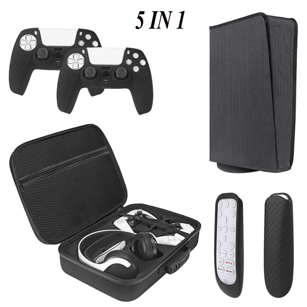 PINSO Custom Comfort Set for PS5, Fashion Travelling Case for PS5 Pulse 3D Wireless Headset, Controller and Media Remote & Dust Cover for PS5 Console & Silicone Case for PS5 Controller, Media Remote