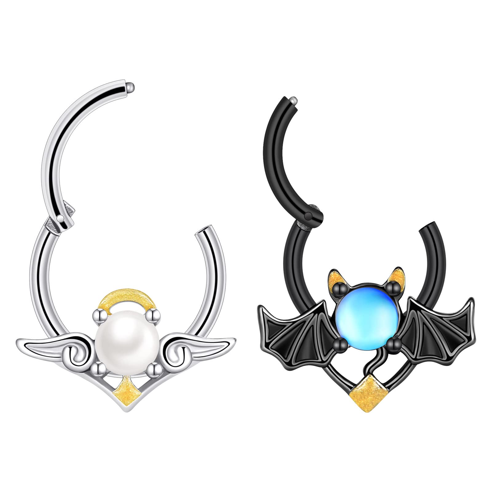 Stuppendux 2pcs 16G 1.2MM Stainless Steel Angel and Demon Piercing Septum Rings Pierced Nose Ear Cartilage Ring Couple Style Diameter 10mm