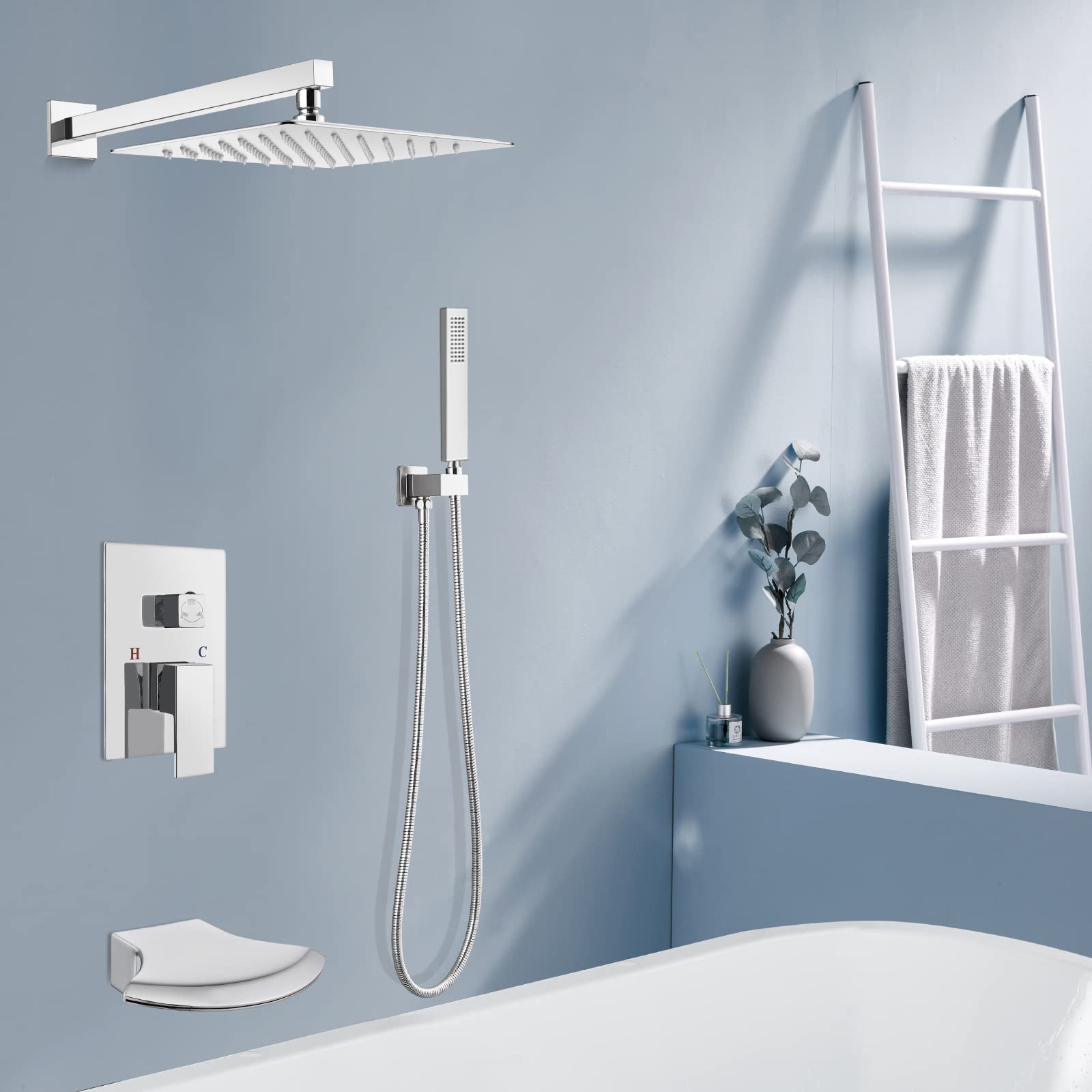 Midanya Rain Shower System Tub Shower Faucet Set Square Rainfall Shower Head with Handheld Sprayer and Waterfall Tub Spout Combo,Wall Mount Shower kit,Matte Black 12 Inch