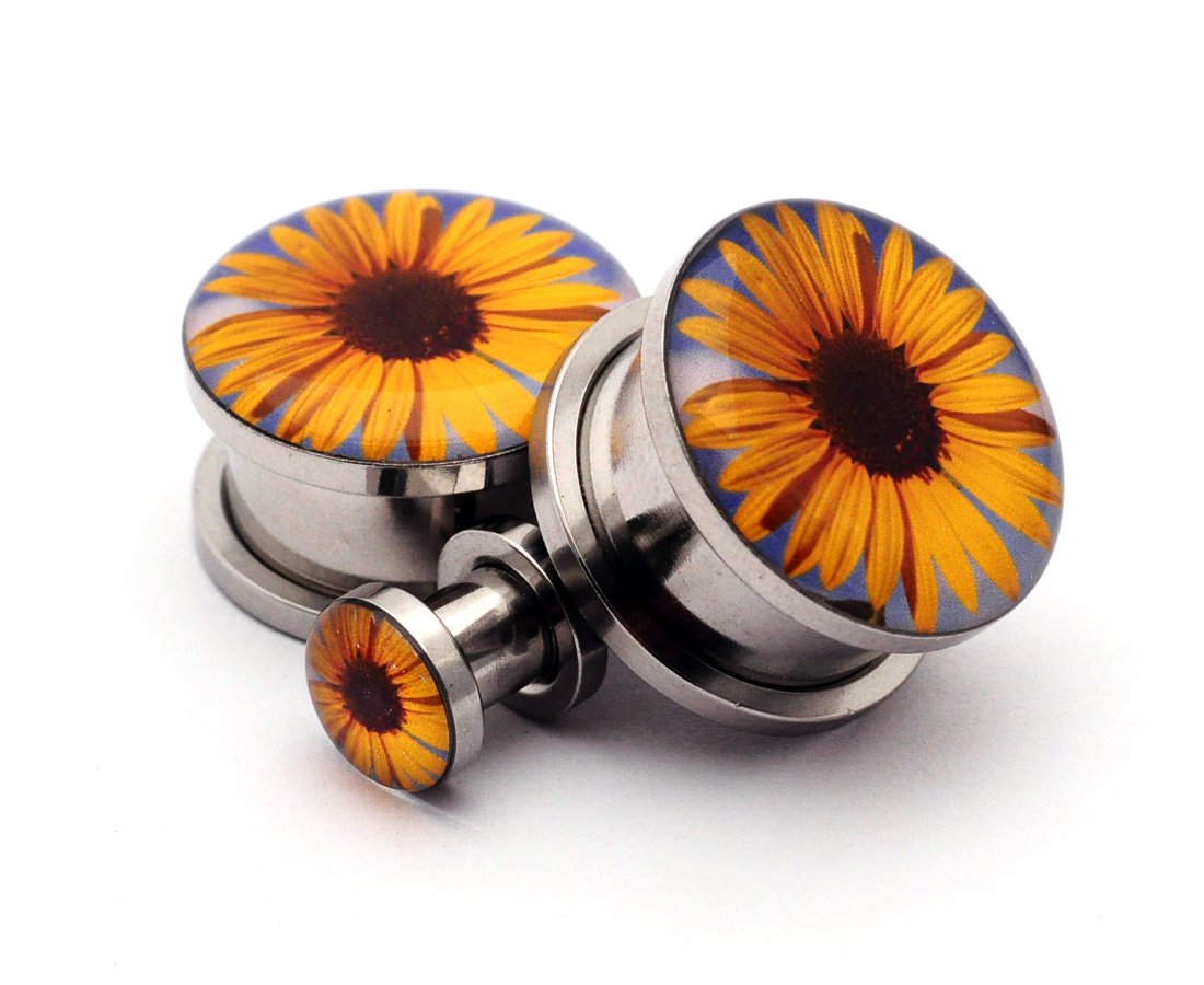 Mystic Metals Body Jewelry Screw on Plugs - Sunflower Picture Plugs - Sold As a Pair (6g (4mm))