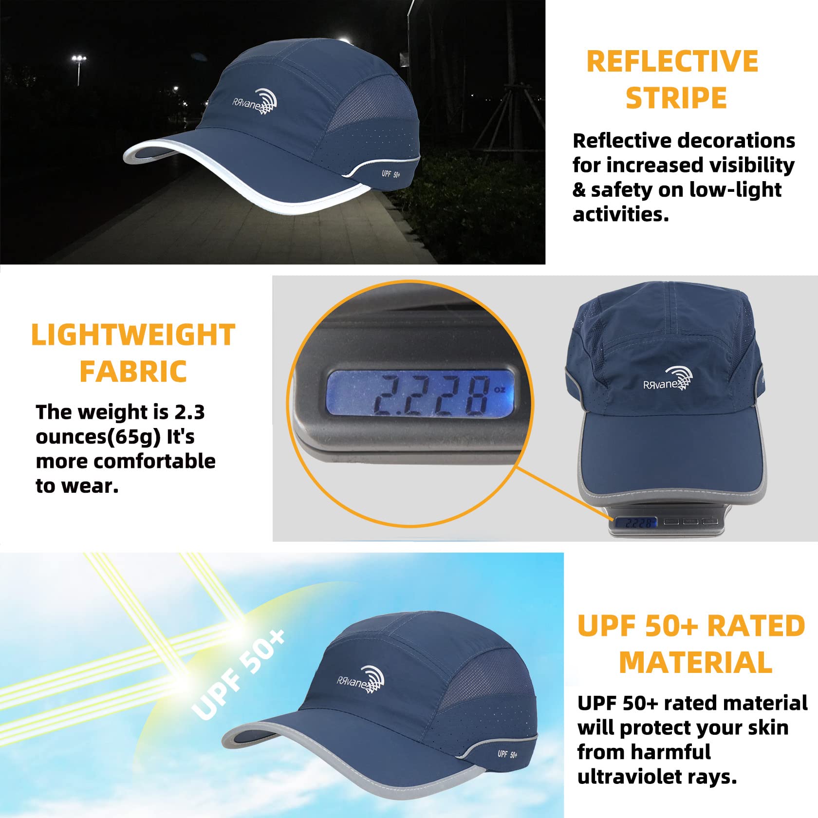 UPF50+ Quick Dry Outdoor Sports Hat Polyester Running Cap Reflective Baseball Cap,Fit 22"~24-3/8" for Unisex (Navy, Classic)