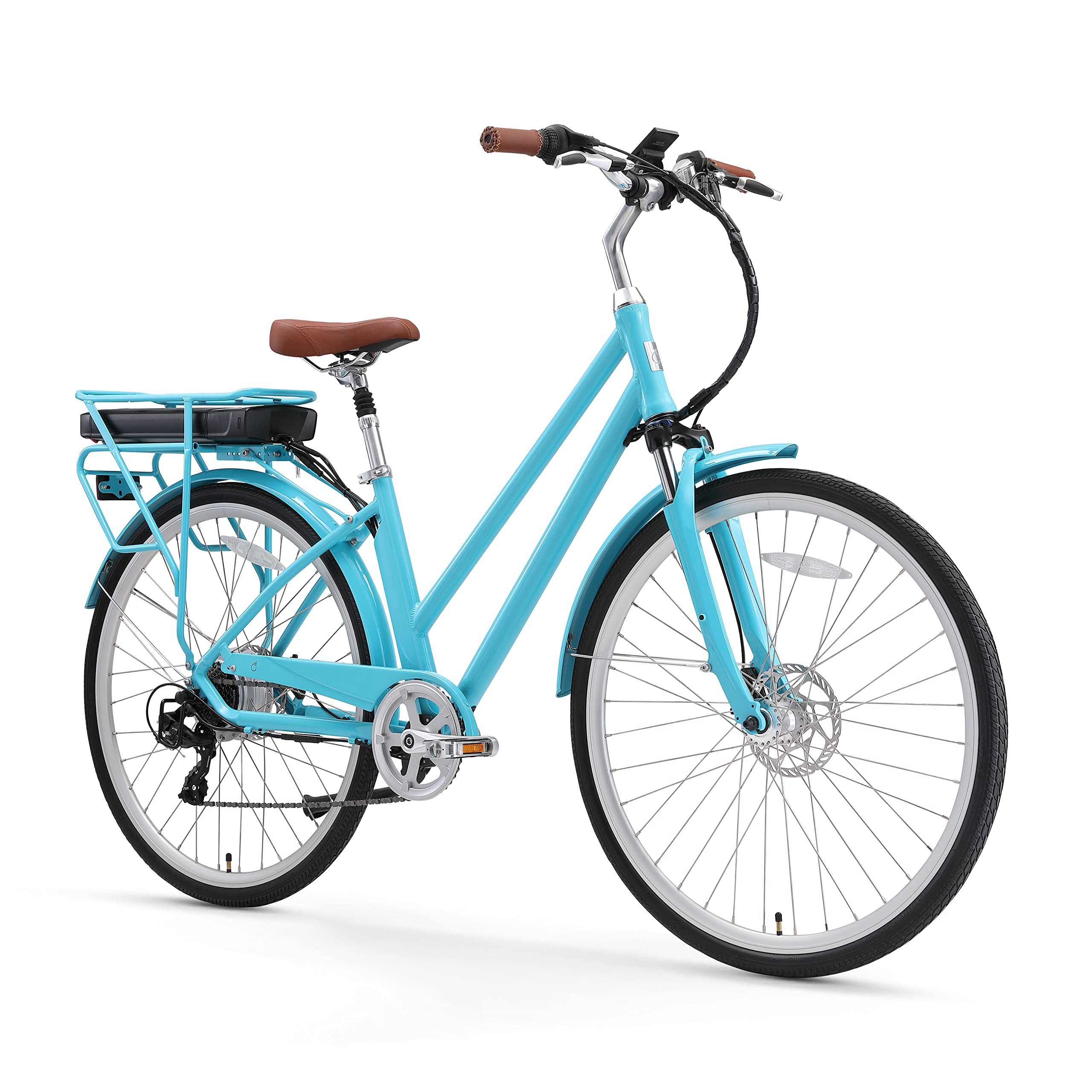 sixthreezero Pave n' Trail Women's Electric Bike, 7 Speed Hybrid Road eBike Bicycle with Rear Rack, 500 Watt Motor, 27.5 Inch Wheels, Teal